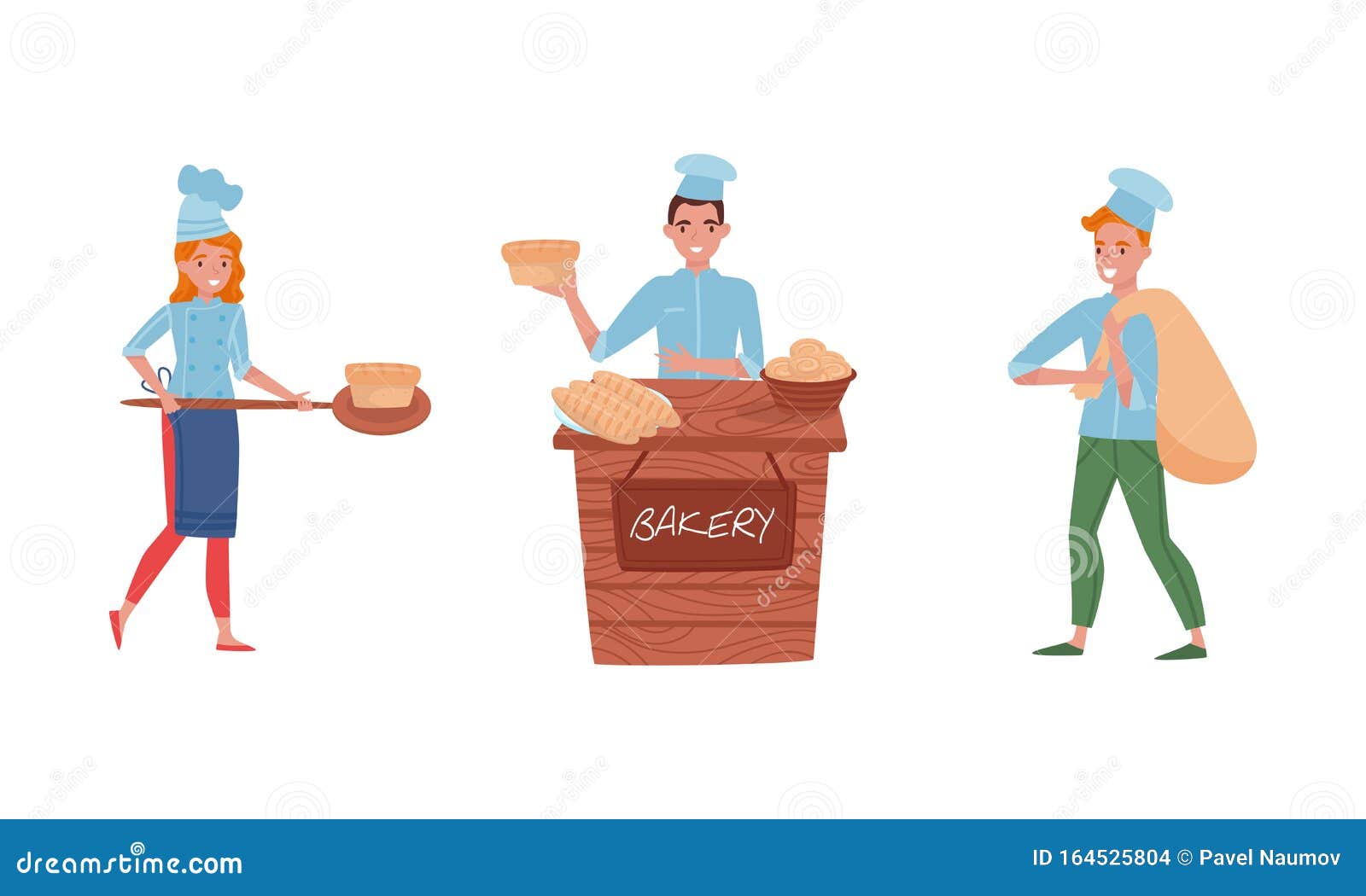Smiling Baker Characters Baking Bread and Making Confections Vector ...