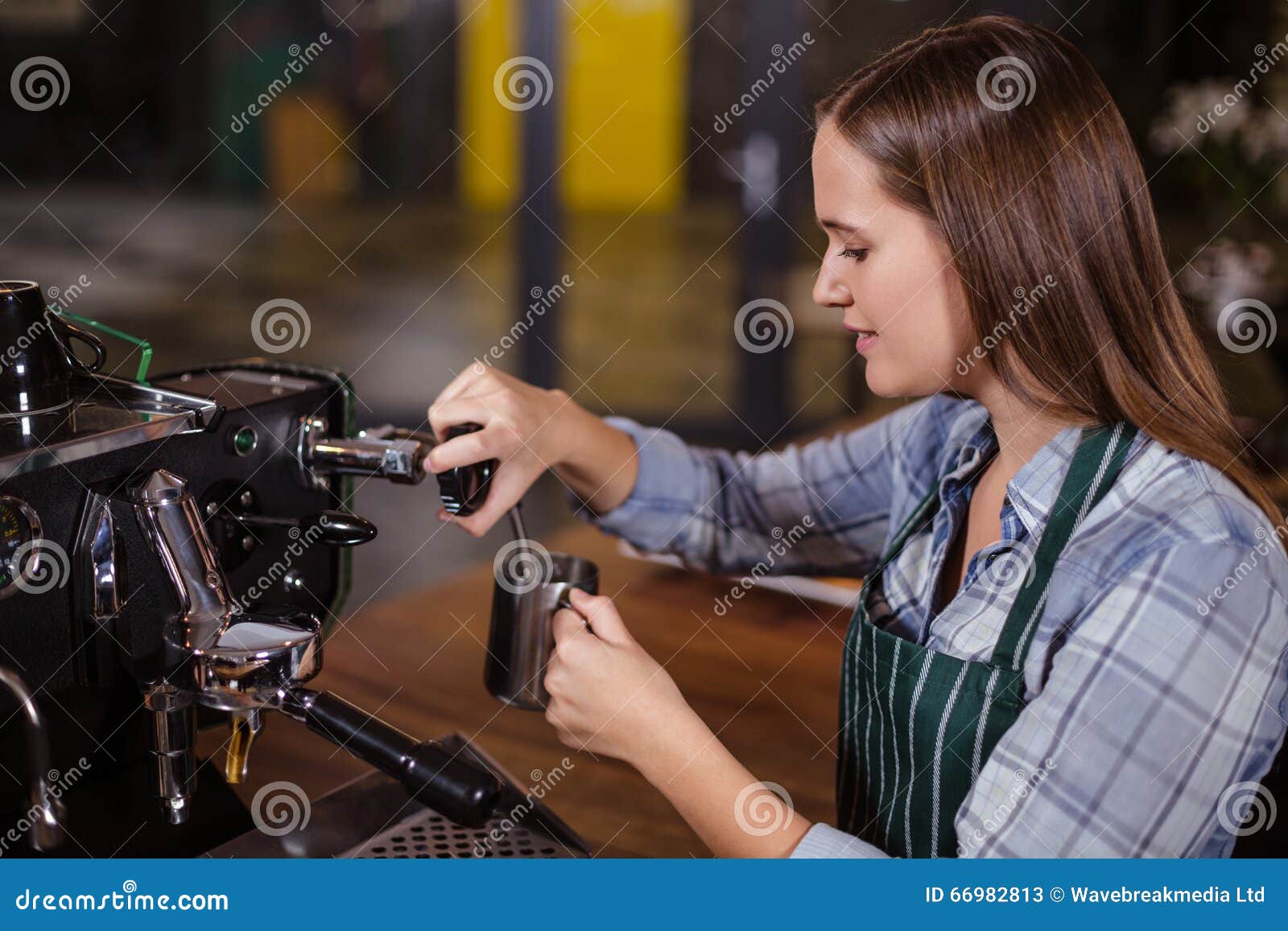 Smiling Barista Making Hot Milk with Coffee Machine Stock Image - Image ...