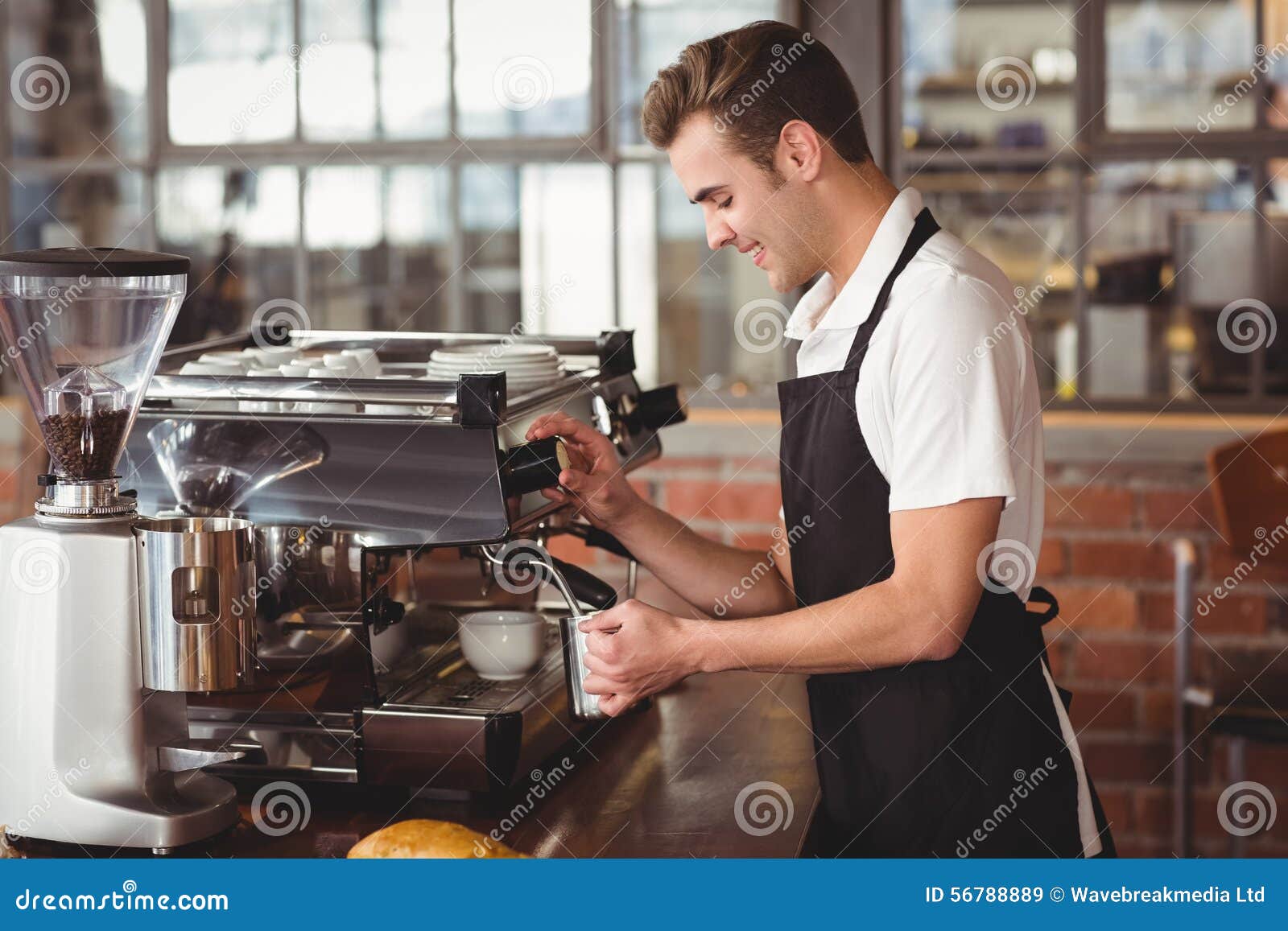 Smiling Barista Steaming Milk at Coffee Machine Stock Image - Image of ...