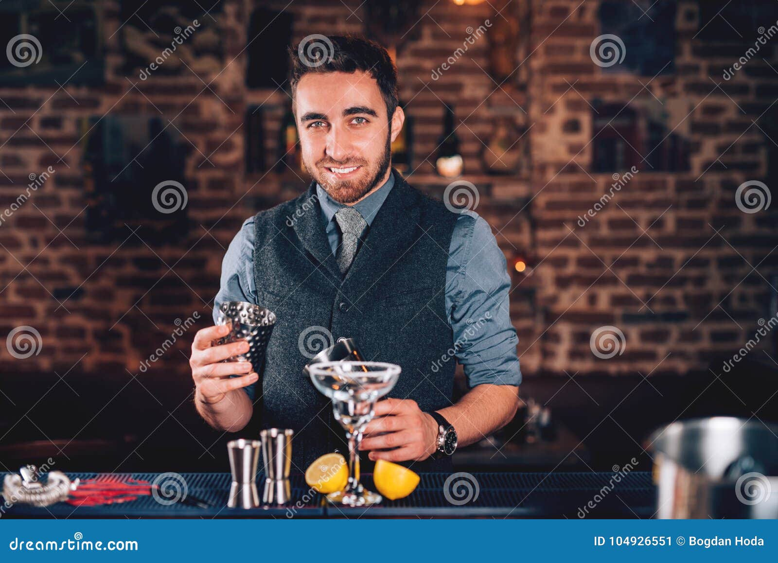 Smiling Barman and Professional, Looking at Camera and Preparing ...