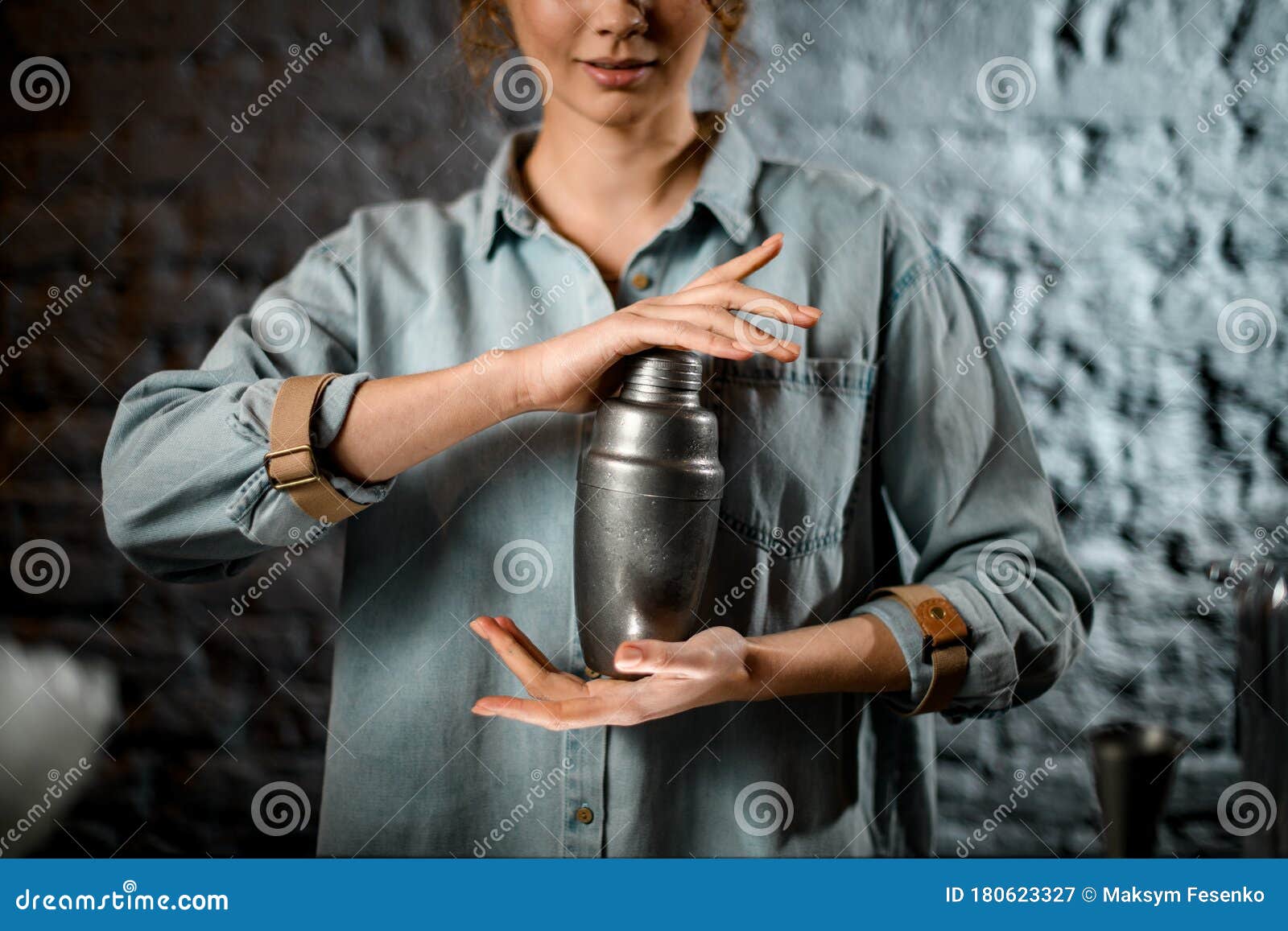 Smiling Bartender Girl Holds Metal Shaker At Bar Stock Image Image Of
