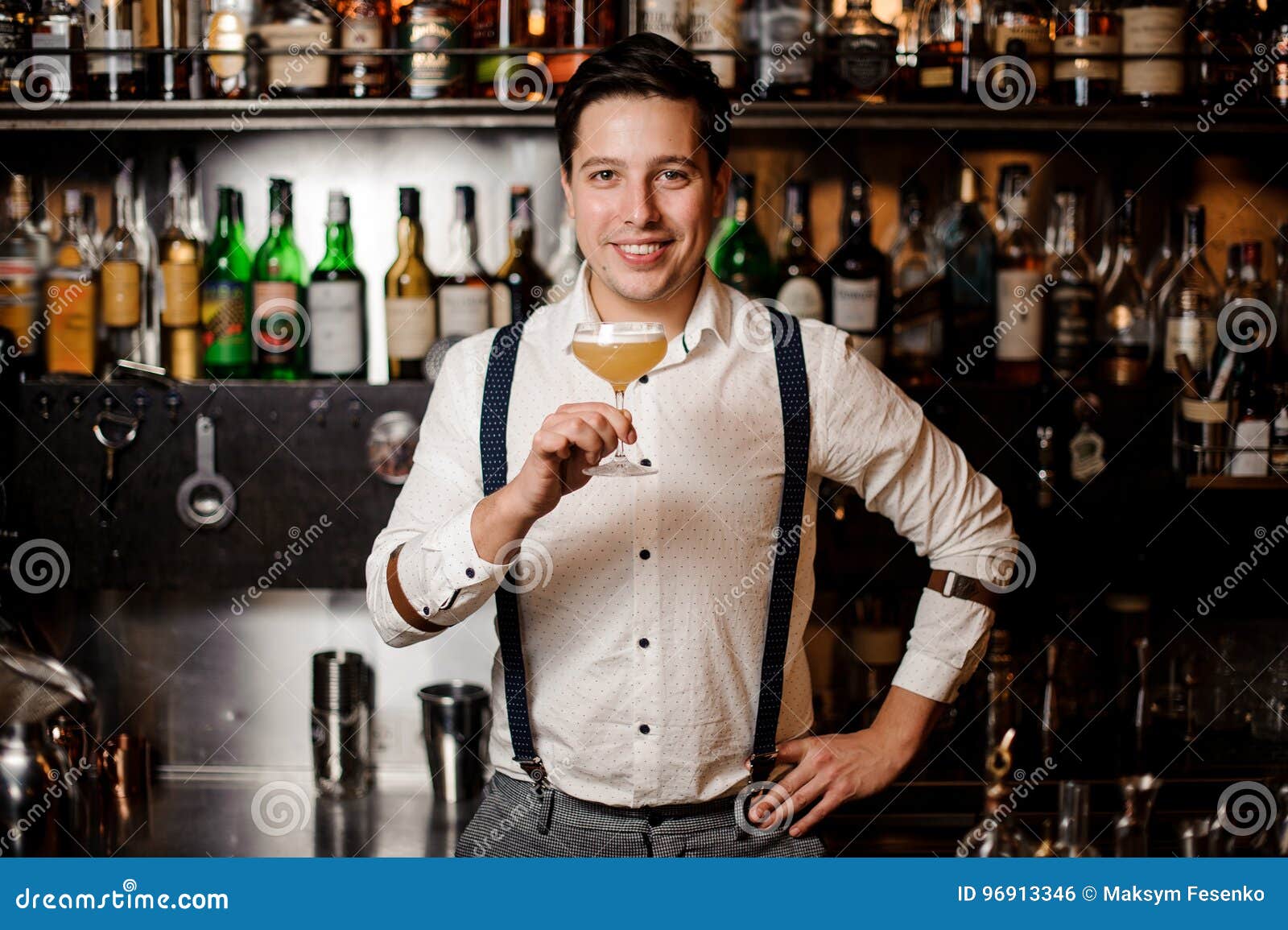 Smiling Bartender in White Shirt with Cocktail Stock Photo - Image of ...