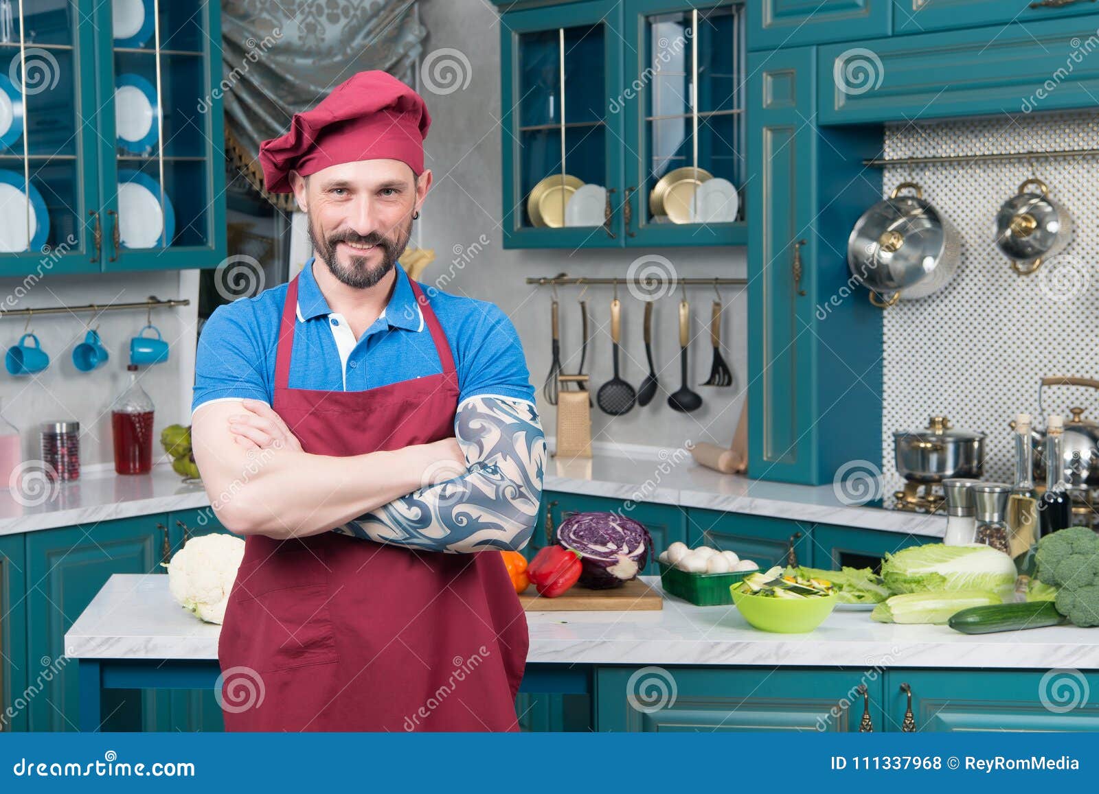 Man Bearded Chef Getting Ready Cooking Delicious Dish. Chef At Work ...