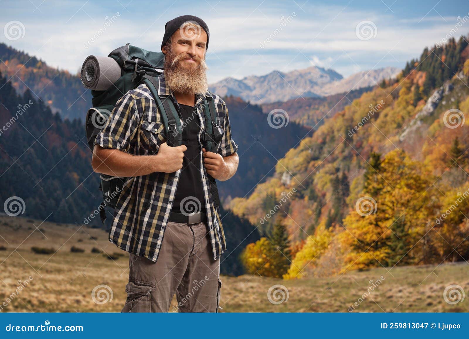 Smiling Bearded Hiker with a Backpack on a Mountain Stock Image - Image ...