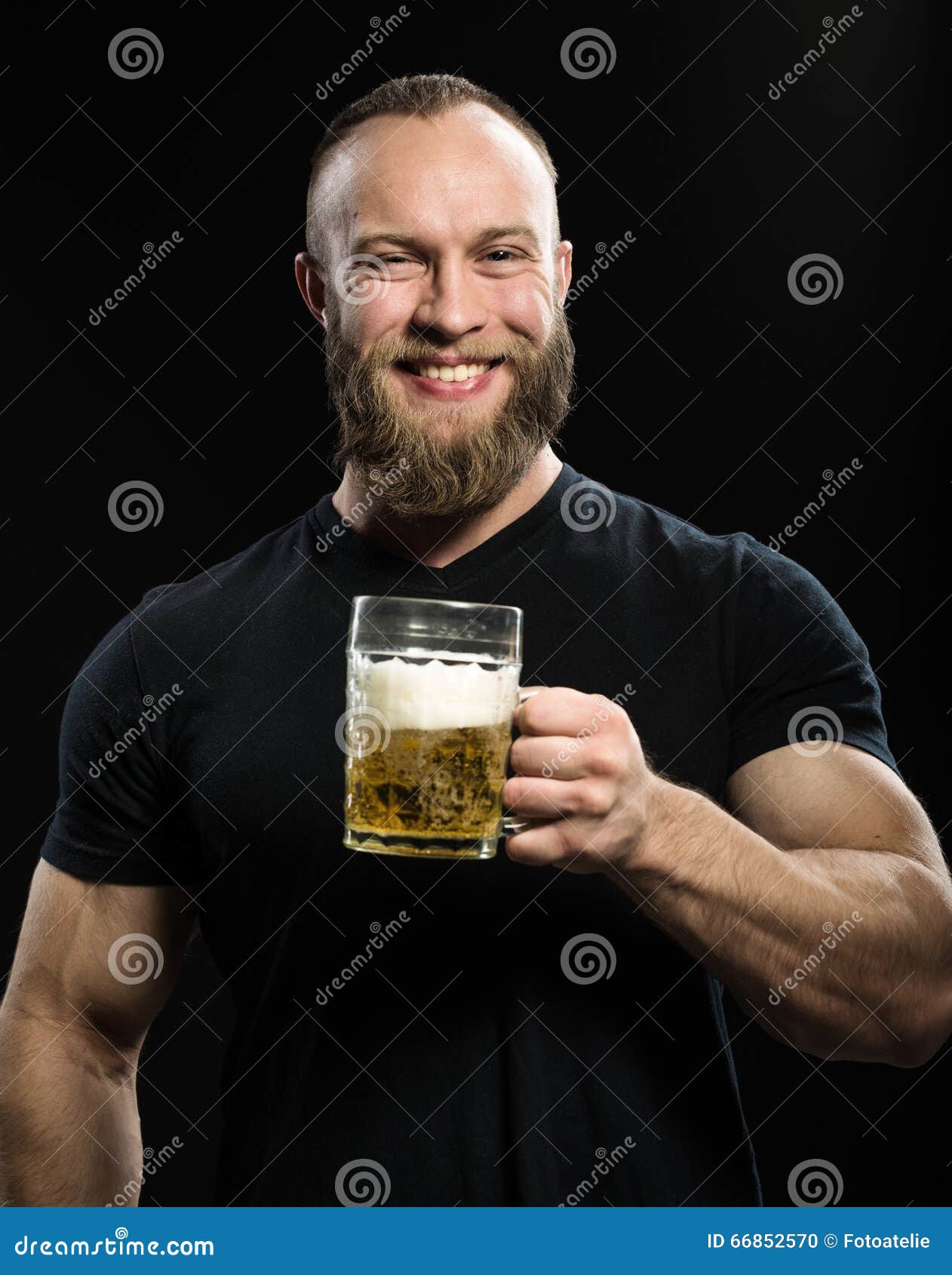 Smiling Bearded Man Drinking Beer from a Beer Mug Over Black Bac Stock ...