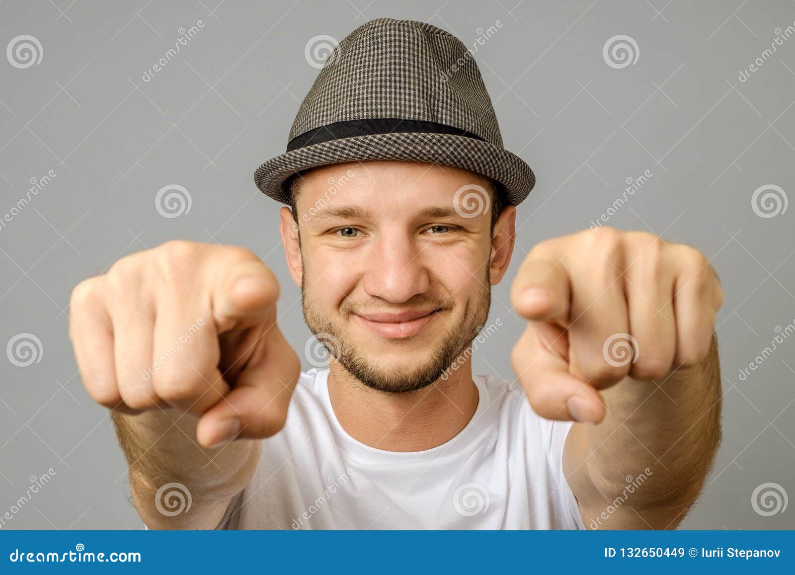 Smiling Bearded Man in Hat Pointing at Camera Stock Image - Image of ...