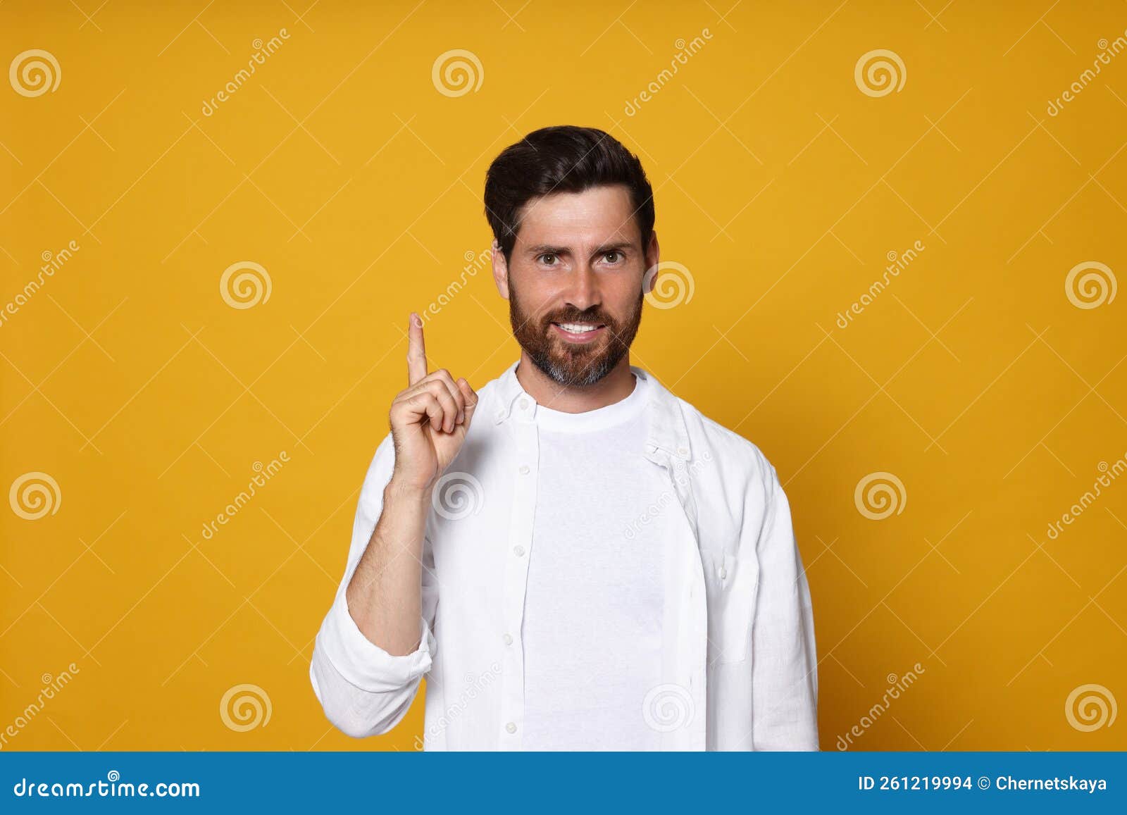 Smiling Bearded Man Pointing Index Finger Up on Orange Background Stock ...