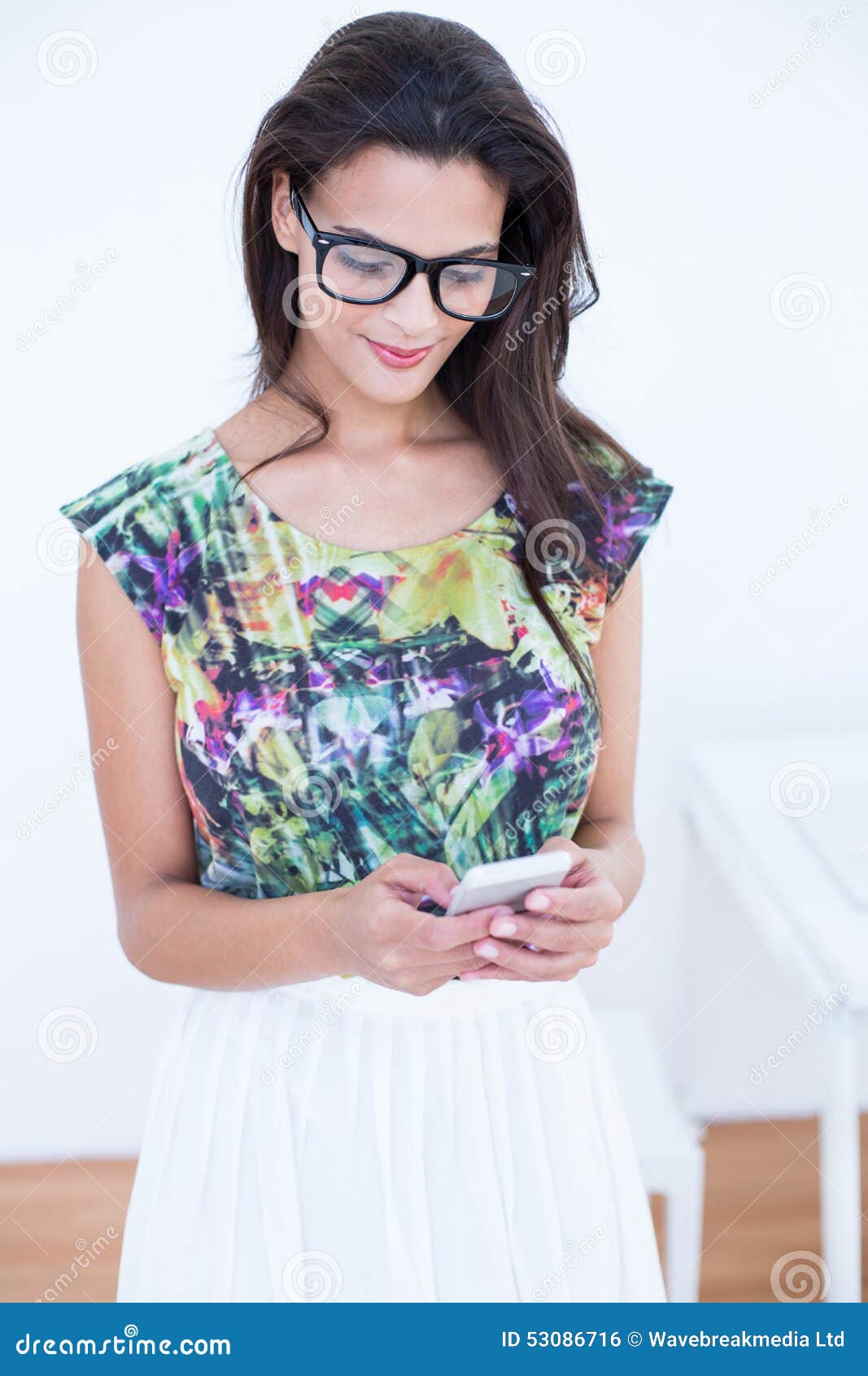 Smiling Beautiful Brunette Standing in Front of Her Computer Stock ...