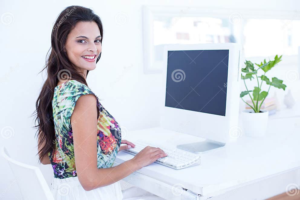 Smiling Beautiful Brunette Using Her Computer Stock Image - Image of ...