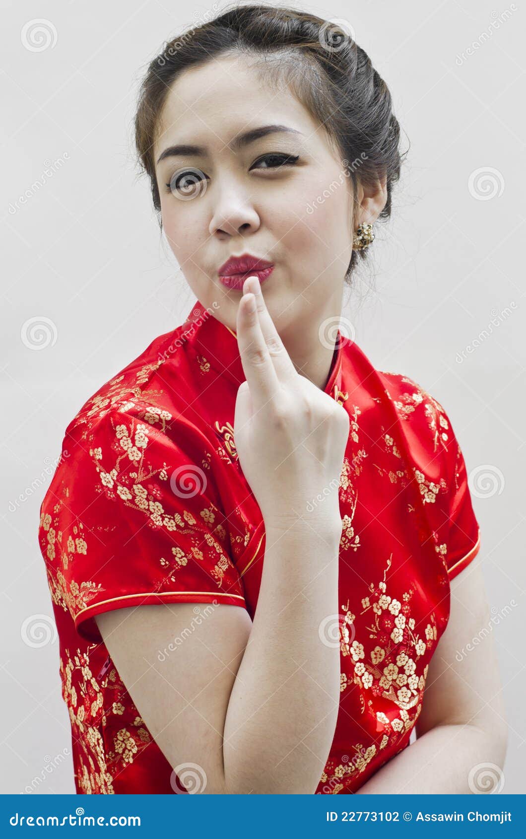 Smiling Beautiful Chinese Young Woman Gesturing Stock Photo - Image of ...