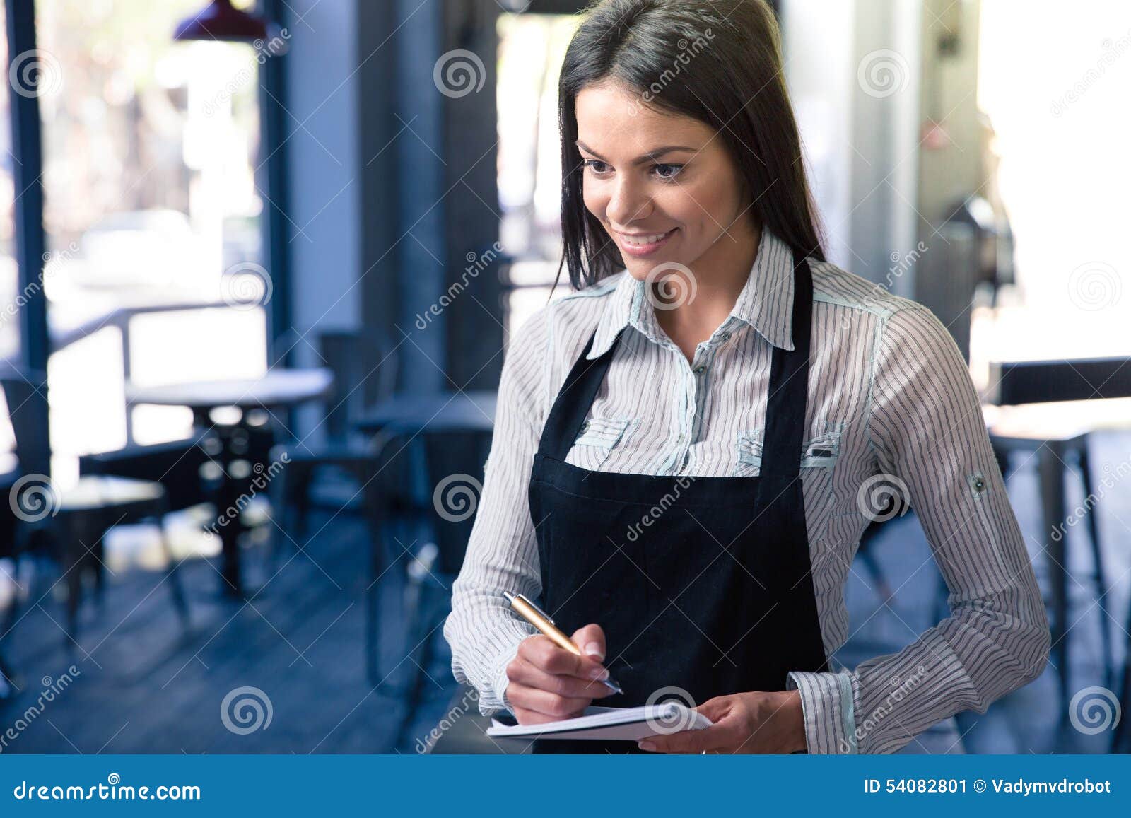 Smiling Beautiful Female Waiter in Apron Stock Image - Image of ...