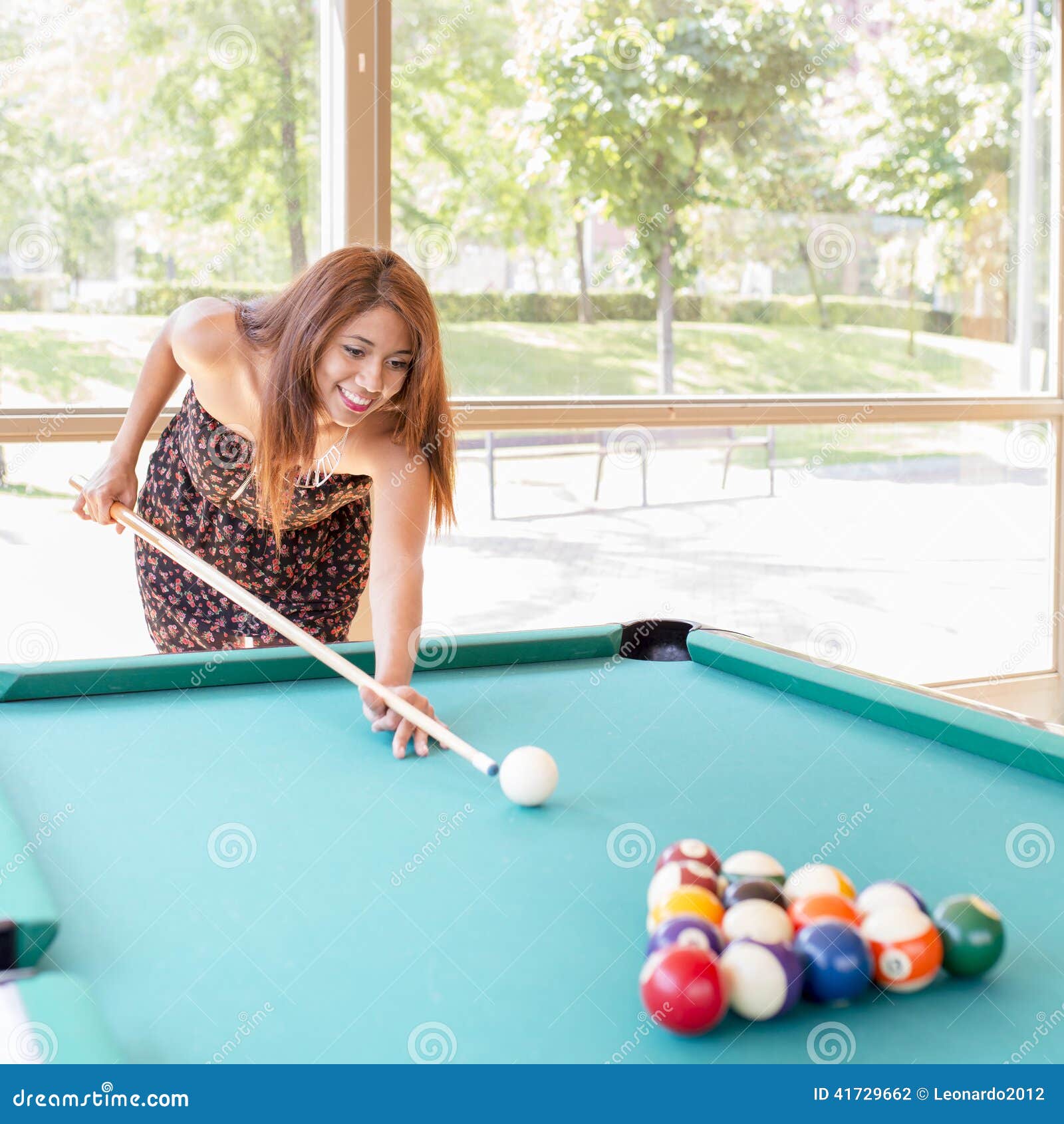 Smiling Beautiful Latin Young Woman Playing Pool. Stock Photo - Image ... Smiling Beautiful Latin Young Woman Playing Pool. Stock Photo - Image ...