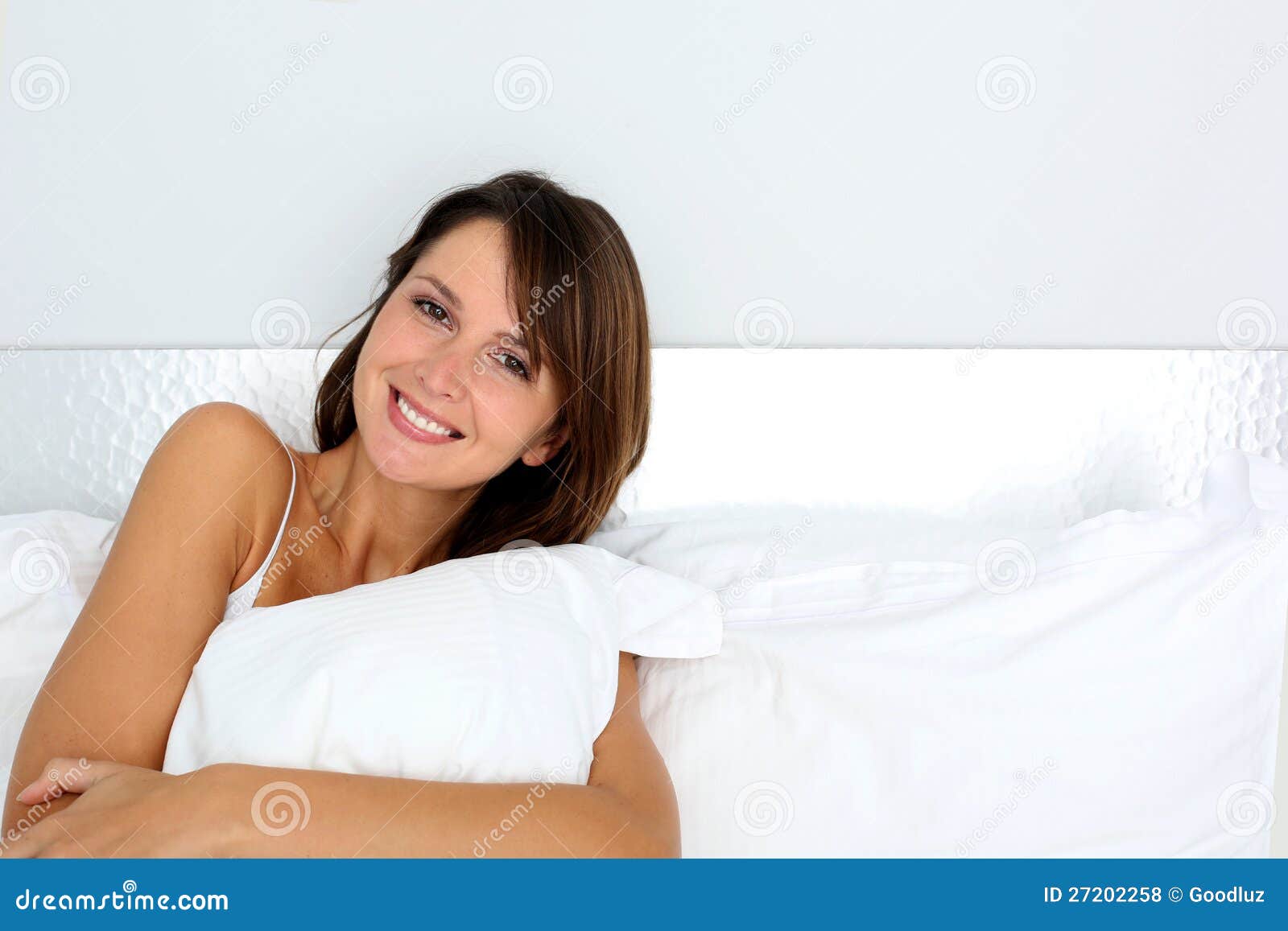 Smiling and Beautiful Woman in Bed Stock Photo - Image of copyspace ...