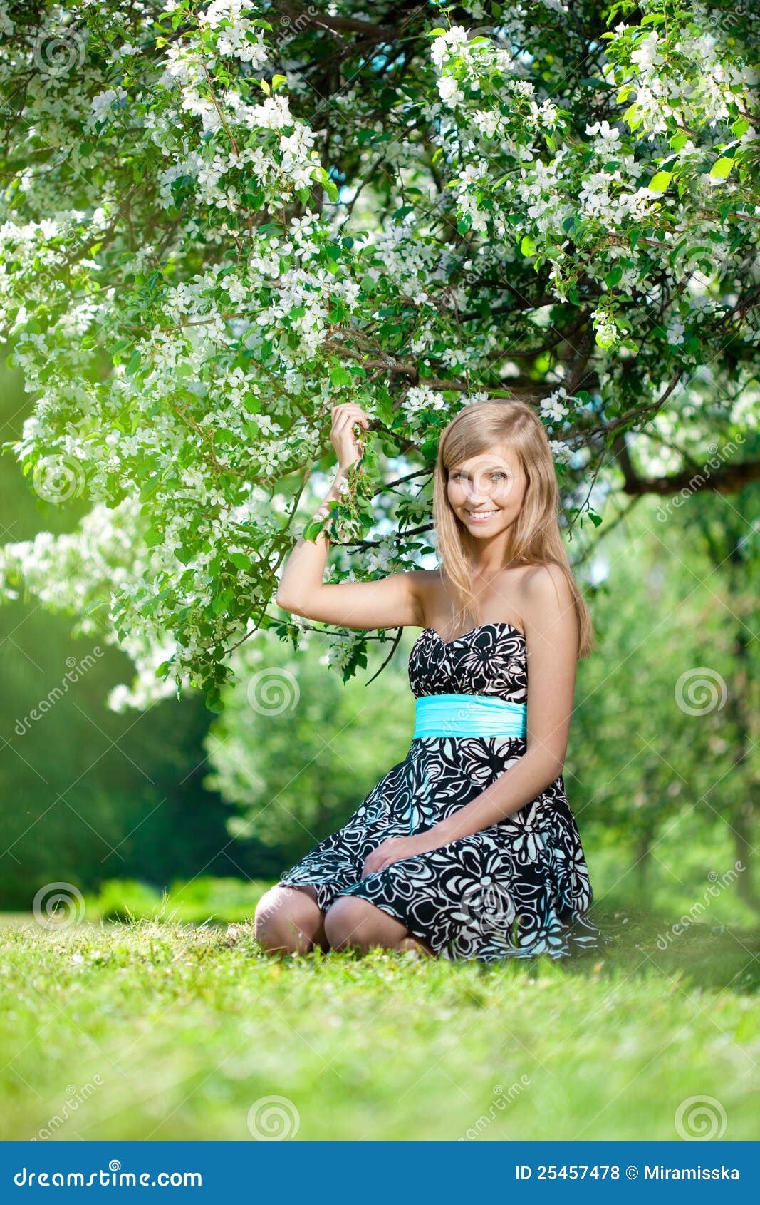 Smiling Beautiful Woman with Flowering Tree Stock Photo - Image of ...