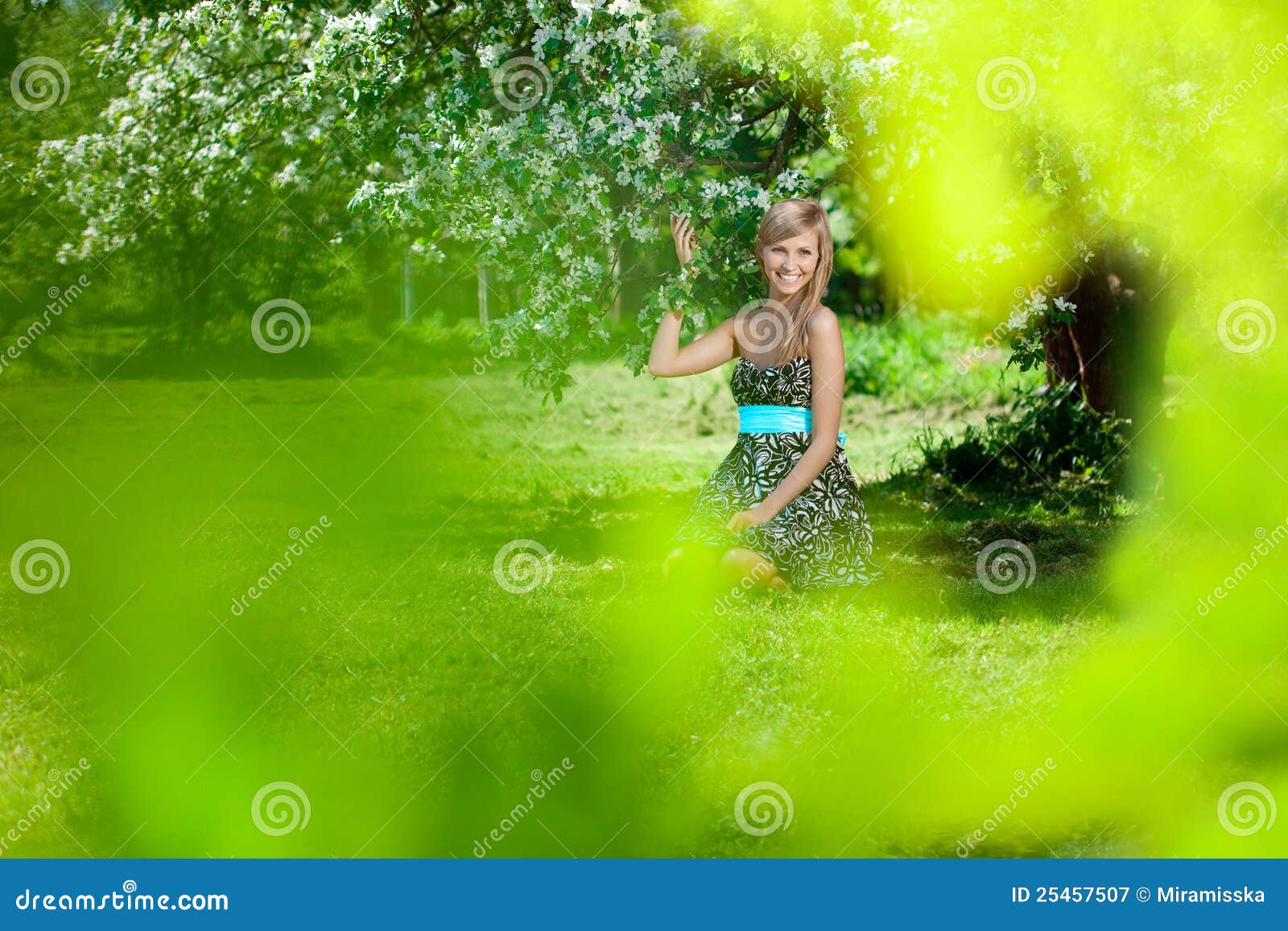Smiling Beautiful Woman and Flowering Tree Stock Image - Image of ...
