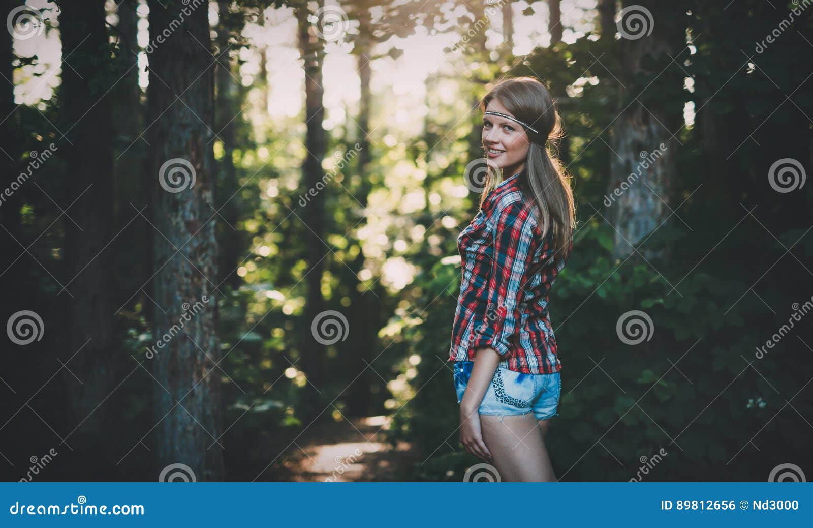 Smiling Beautiful Woman in Forest Stock Photo - Image of green, dream ...