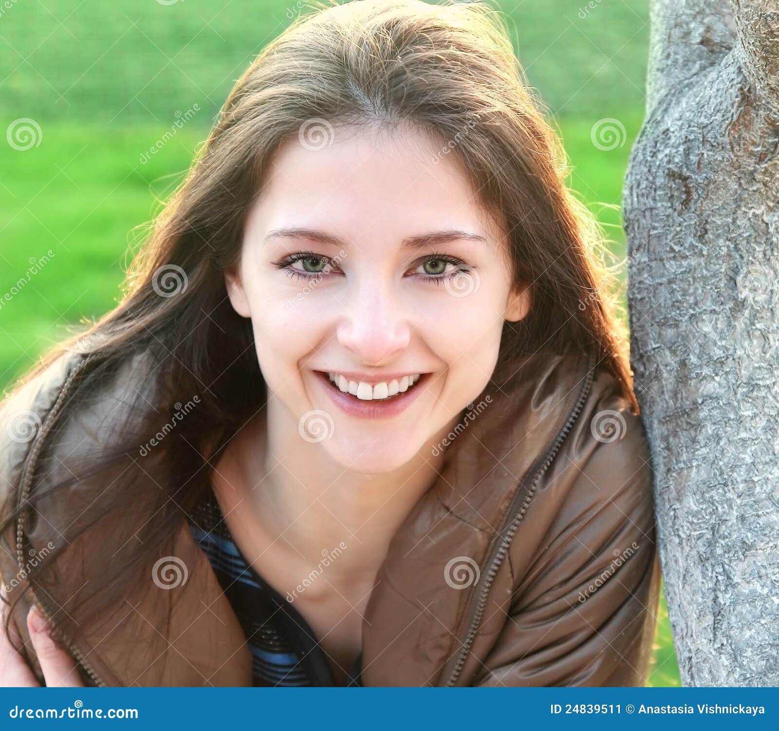 Smiling Beautiful Woman Near Tree Stock Image - Image of grass, adult ...