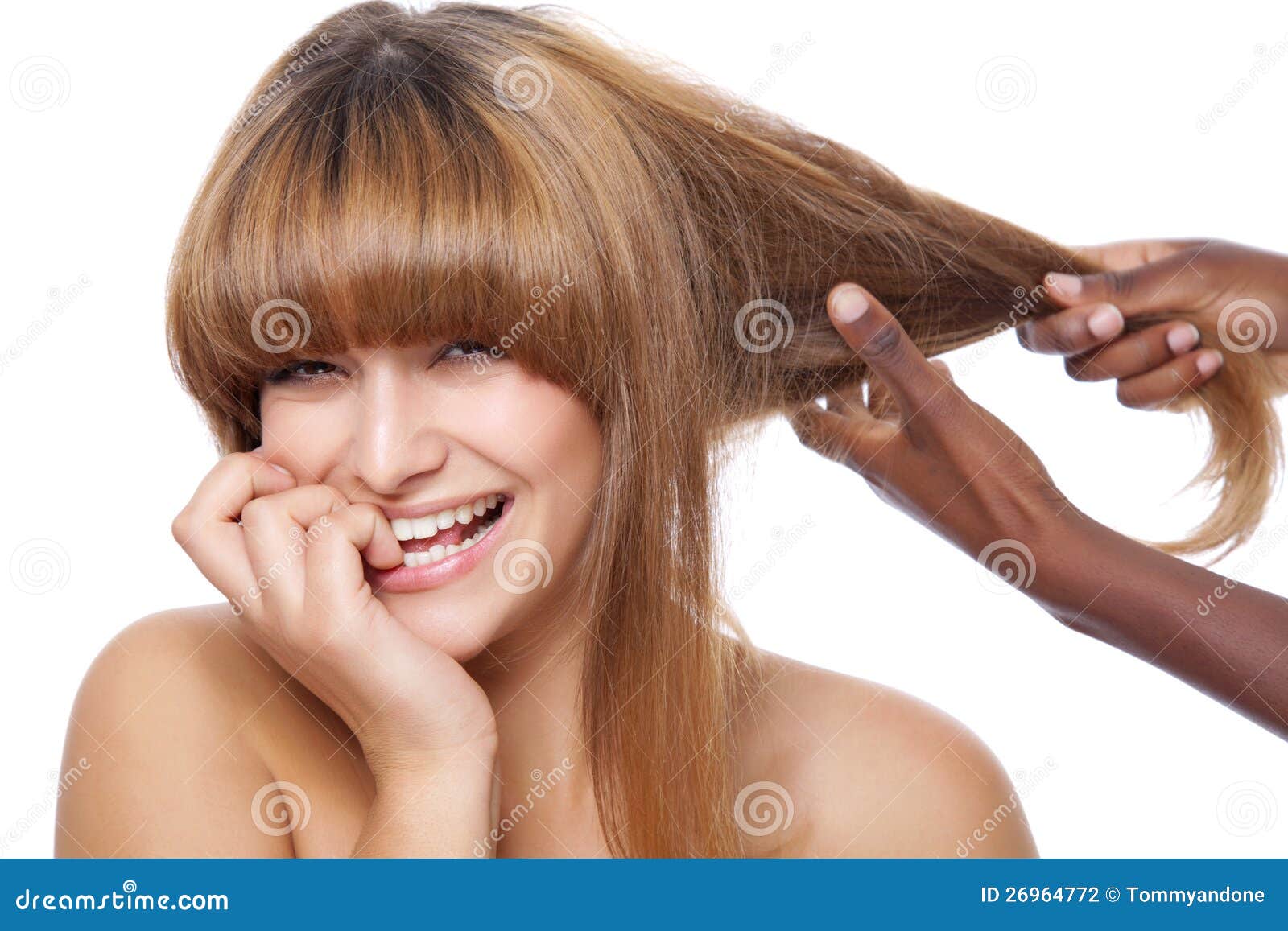 Smiling Beauty Getting Her Hair Done Stock Photo - Image of holding ...