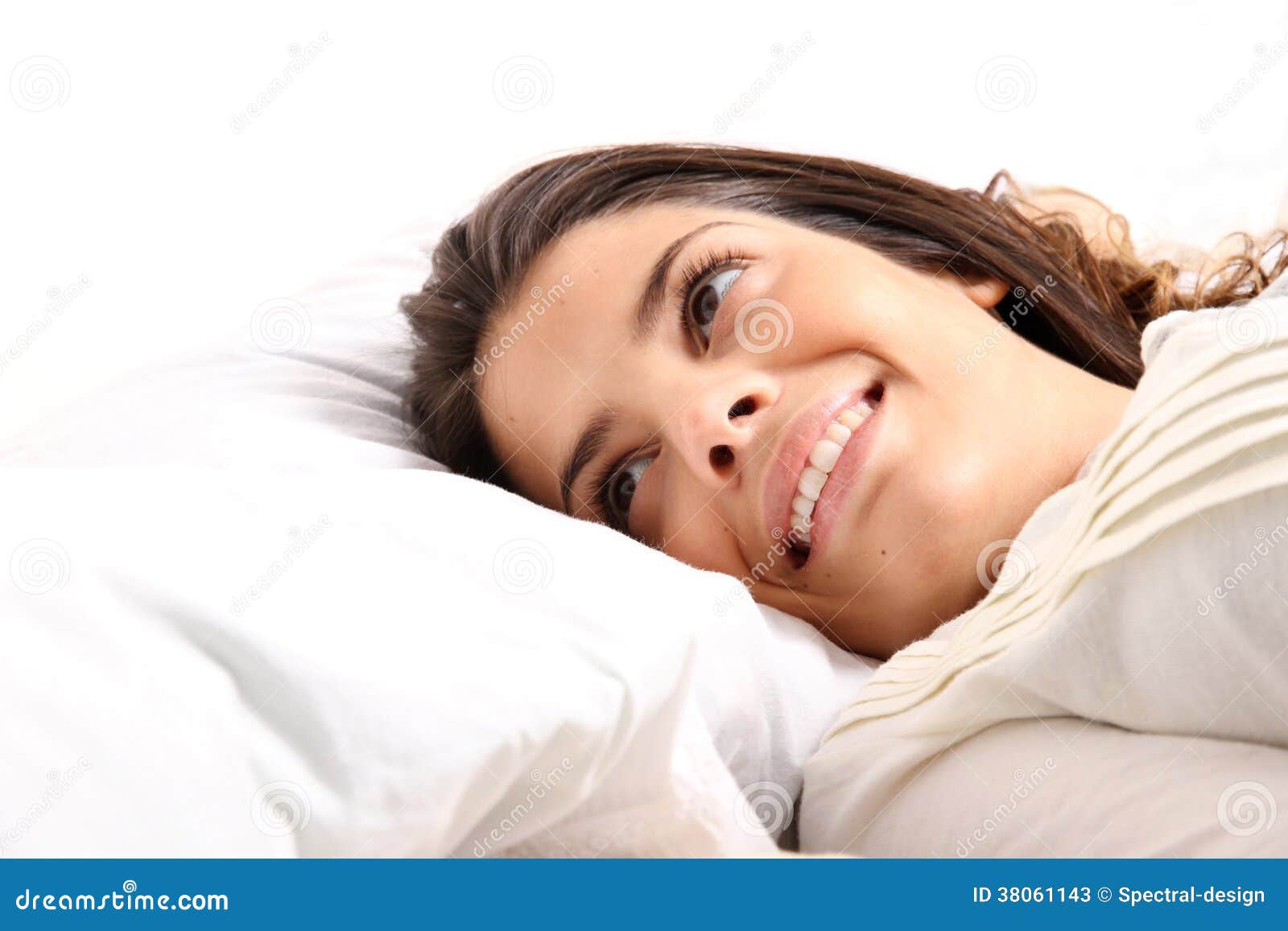 Smiling in bed stock image. Image of smile, woman, interested - 38061143