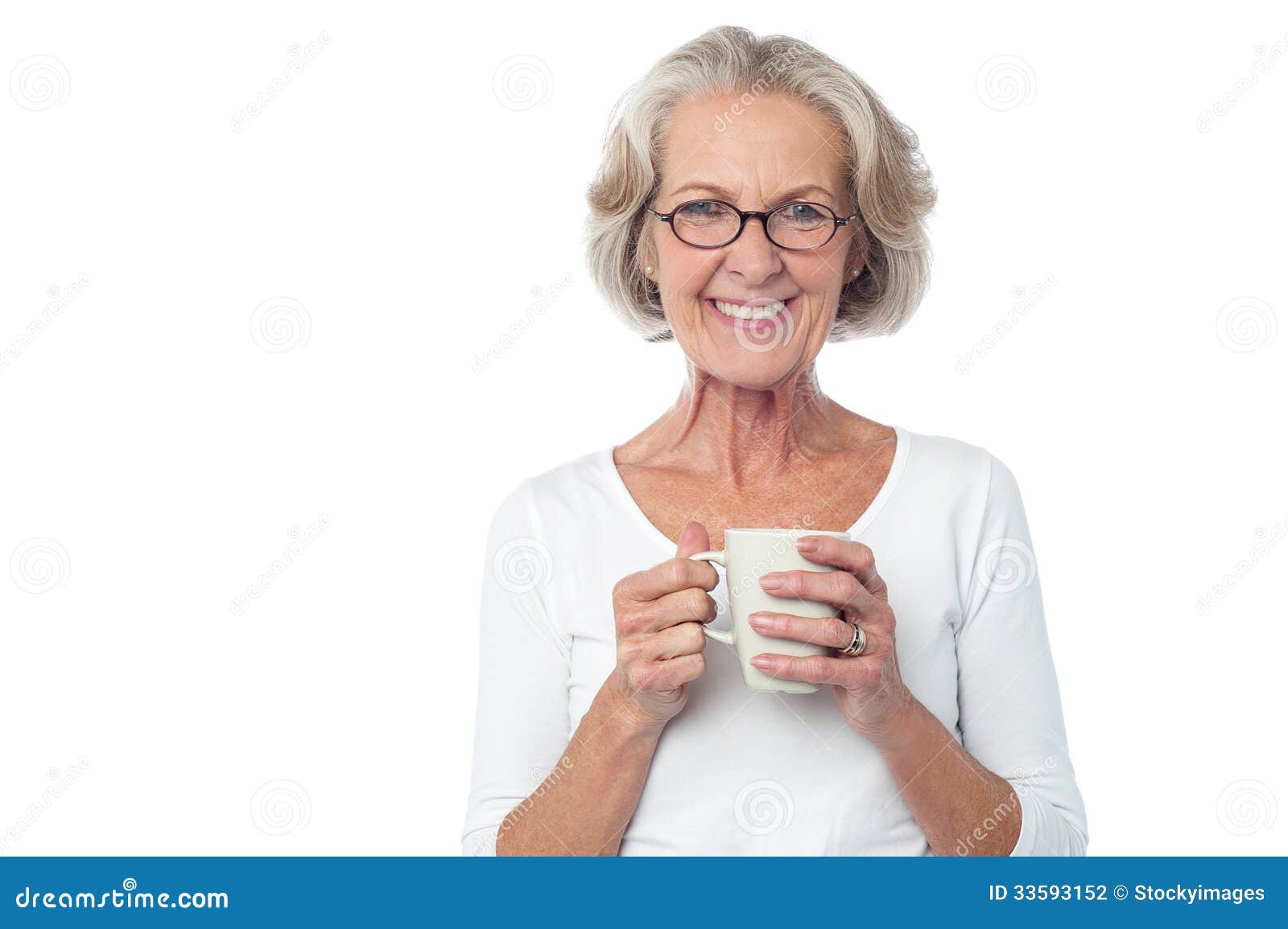 Smiling Bespectacled Old Lady Drinking Coffee Stock Photo - Image of ...