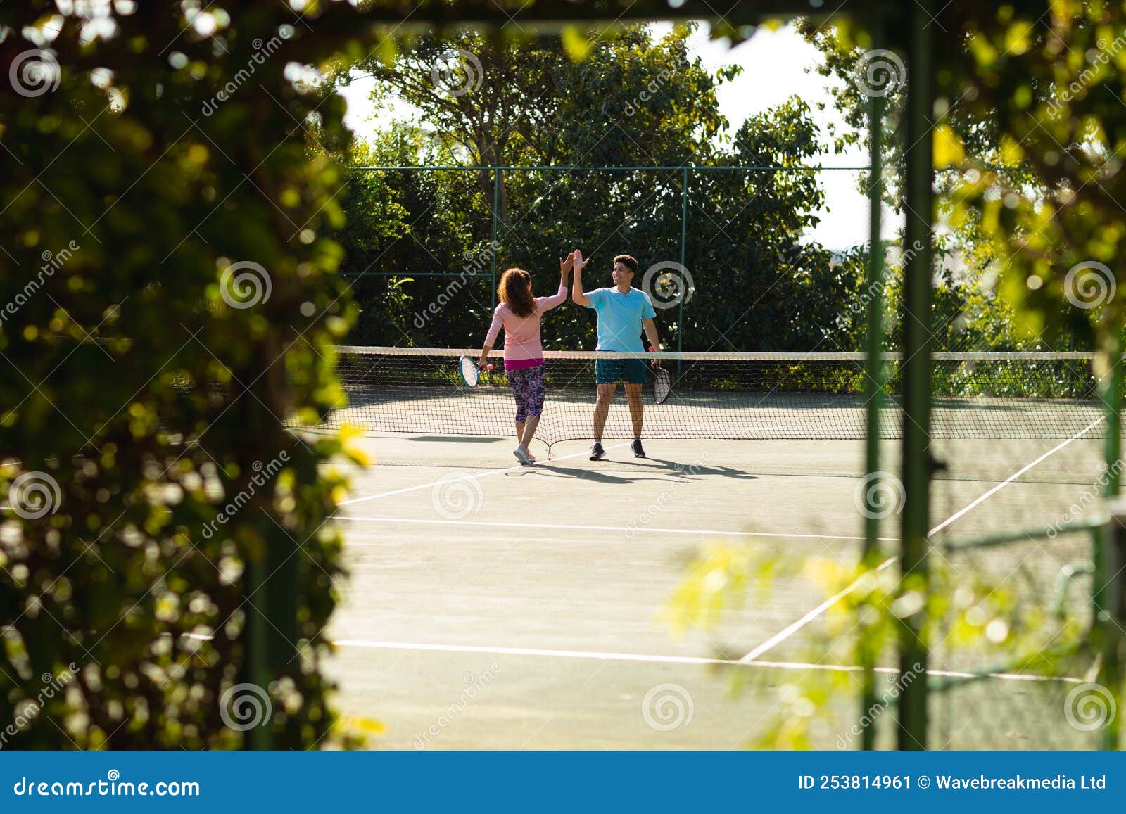 Tennis Shaking Hands Before Playing Court Game Smiling Athletes Team