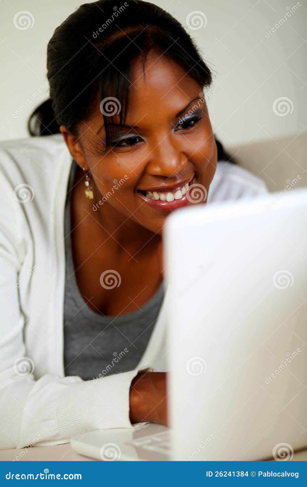 Smiling Black Female Looking on Laptop Screen Stock Photo - Image of ... Smiling Black Female Looking on Laptop Screen Stock Photo - Image of ...
