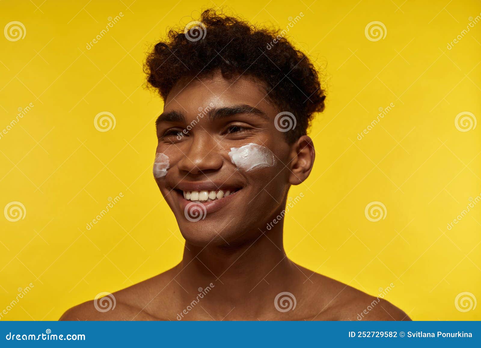 Smiling Black Guy with Cream on His Face Look Away Stock Photo - Image ... Smiling Black Guy with Cream on His Face Look Away Stock Photo - Image ...