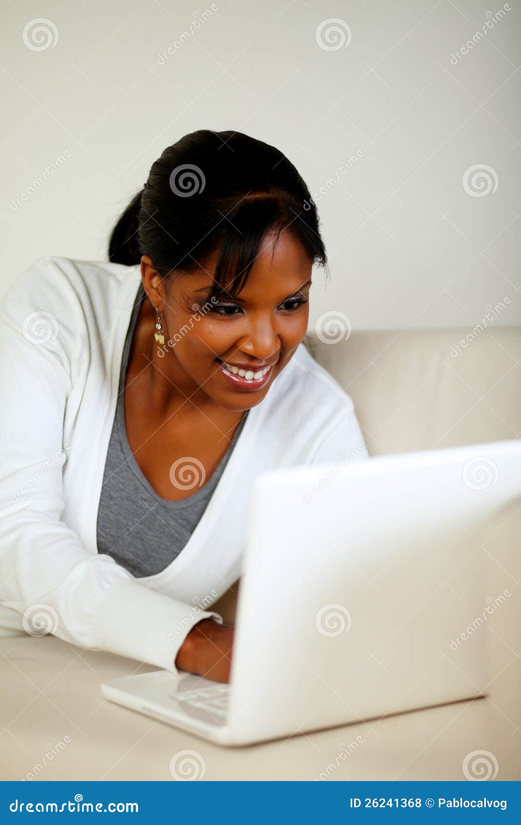 Smiling Black Woman Looking on Laptop Screen Stock Photo - Image of ...