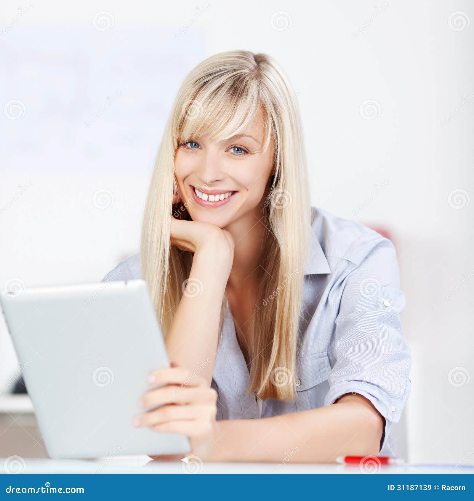 Smiling blond lady stock image. Image of beautiful, computer - 31187139