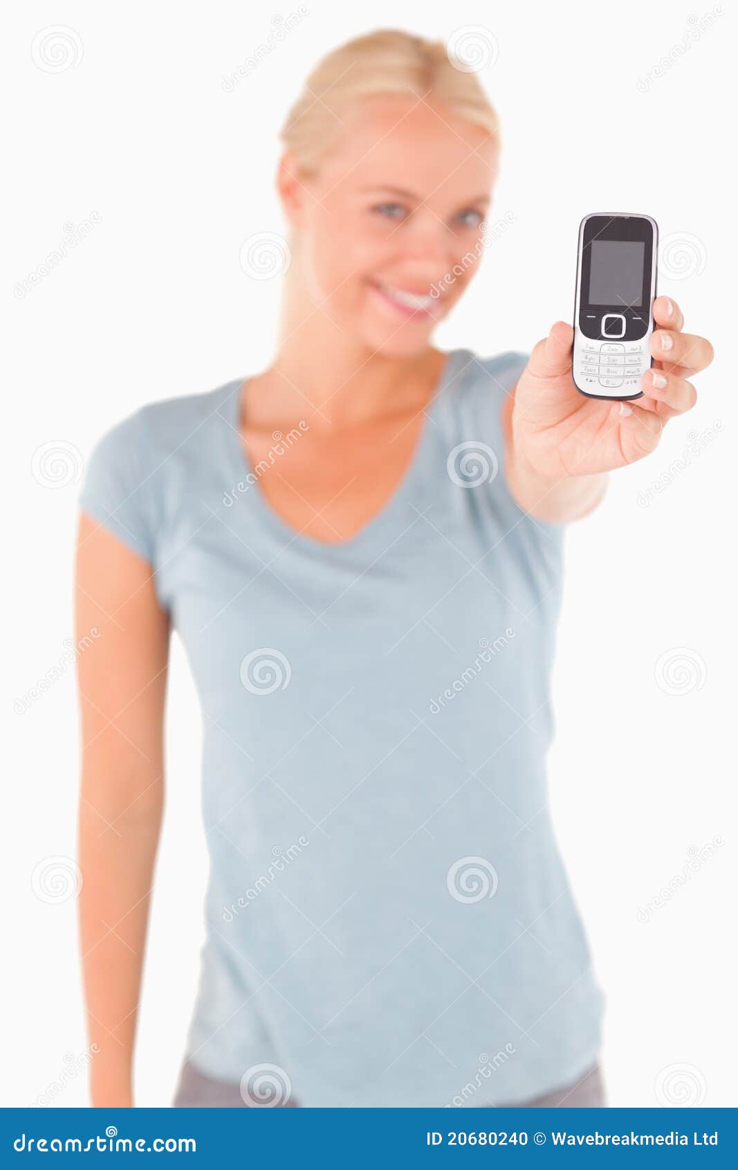 Smiling Blond Woman Showing a Phone Stock Photo - Image of corporate ...