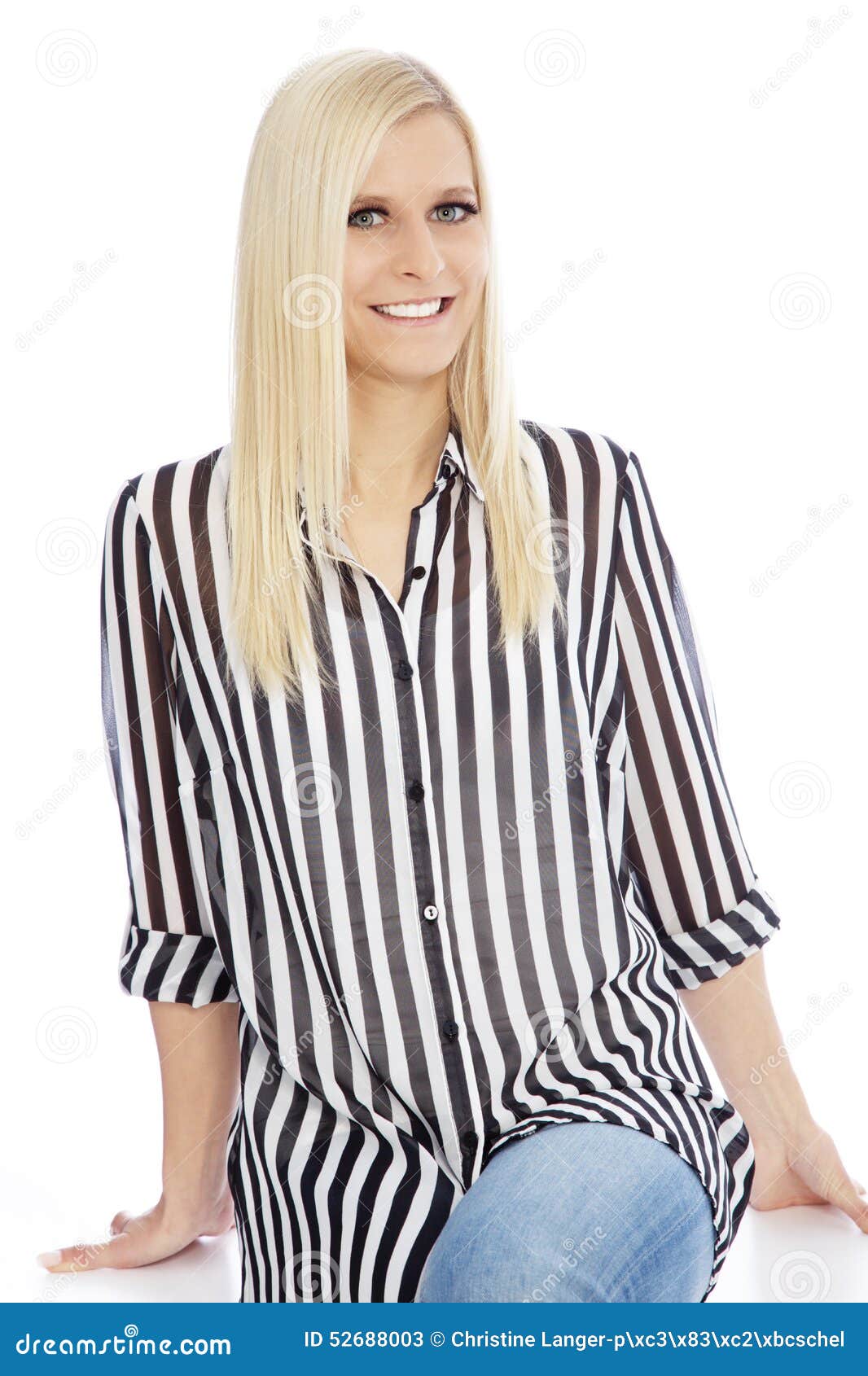 Smiling Blond Woman Wearing Striped Shirt Stock Image Image Of