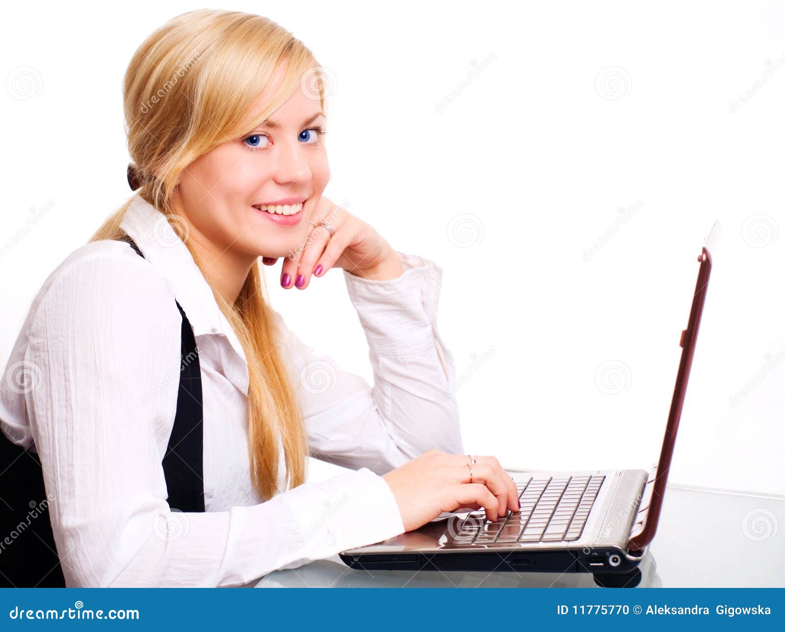 Smiling Blond Woman Working with Computer Stock Photo - Image of ...