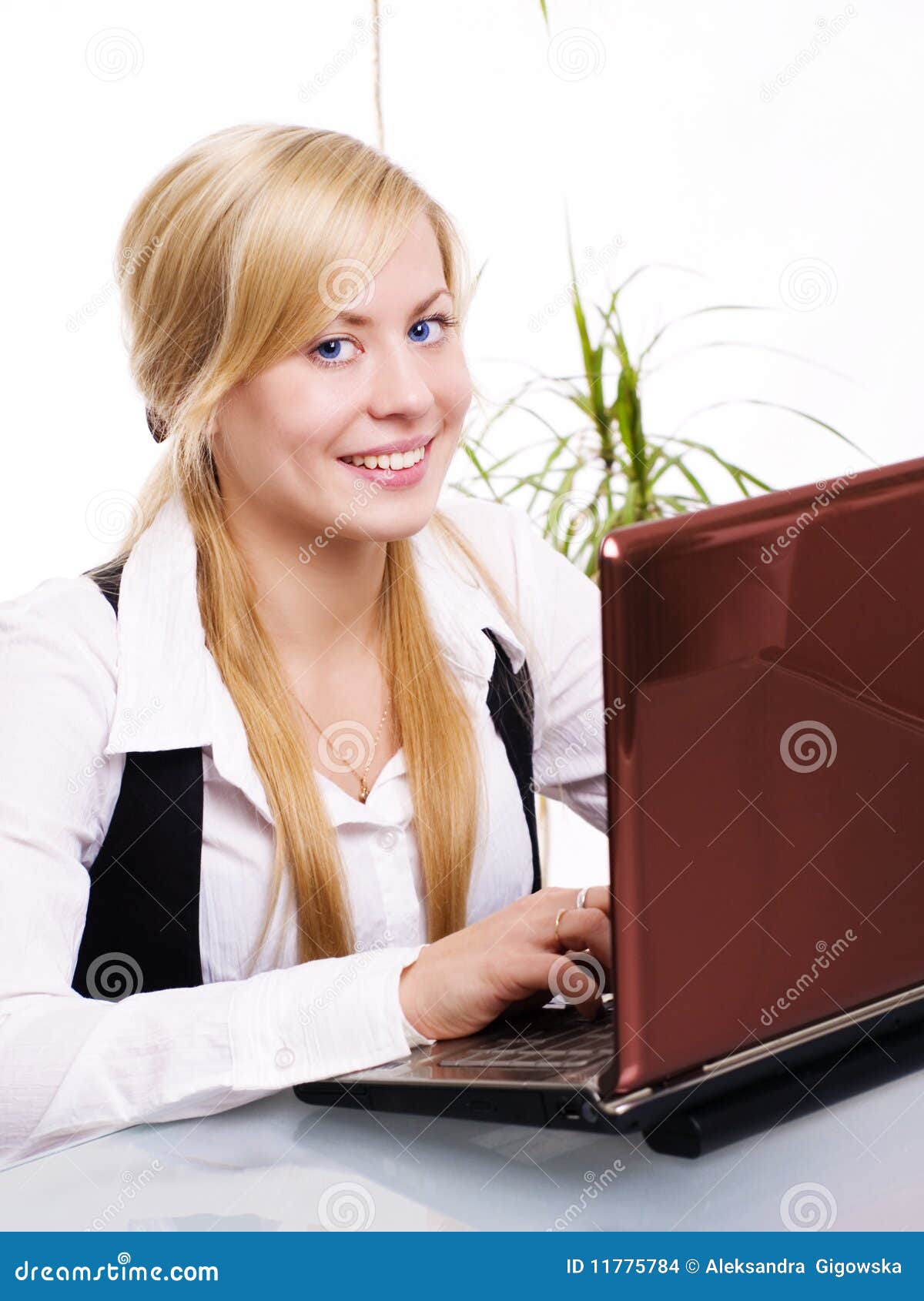 Smiling Blond Woman Working with Computer Stock Photo - Image of ...