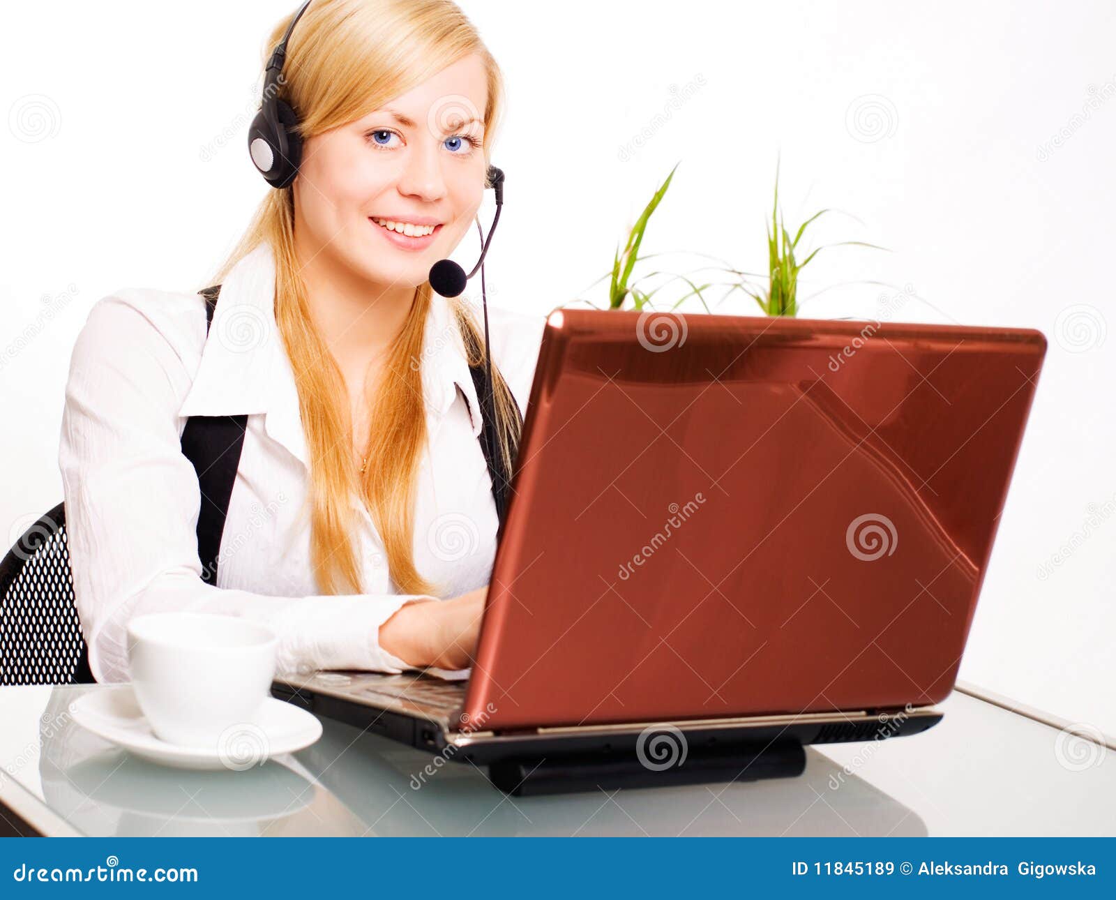 Smiling Blond Woman Working with Computer Stock Image - Image of indoor ...