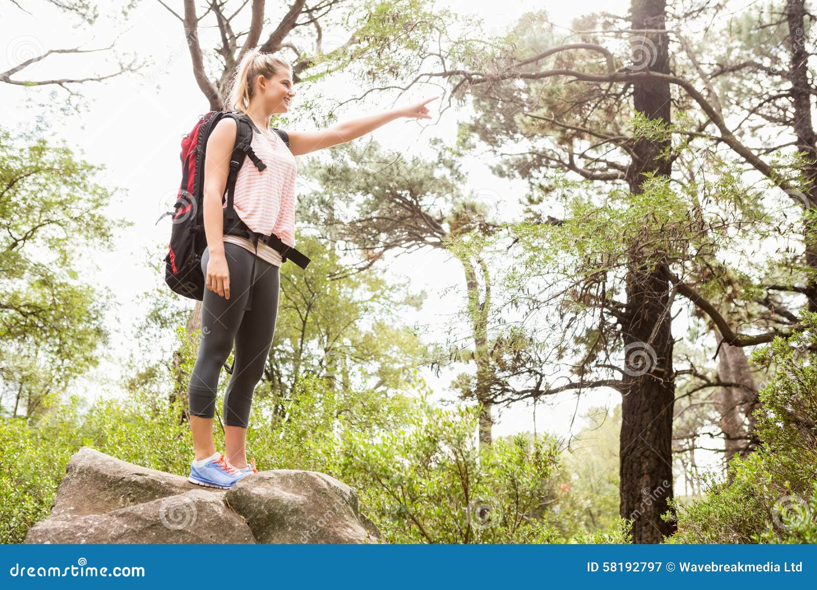 Smiling Blonde Hiker Pointing Far Away Stock Image - Image of ...