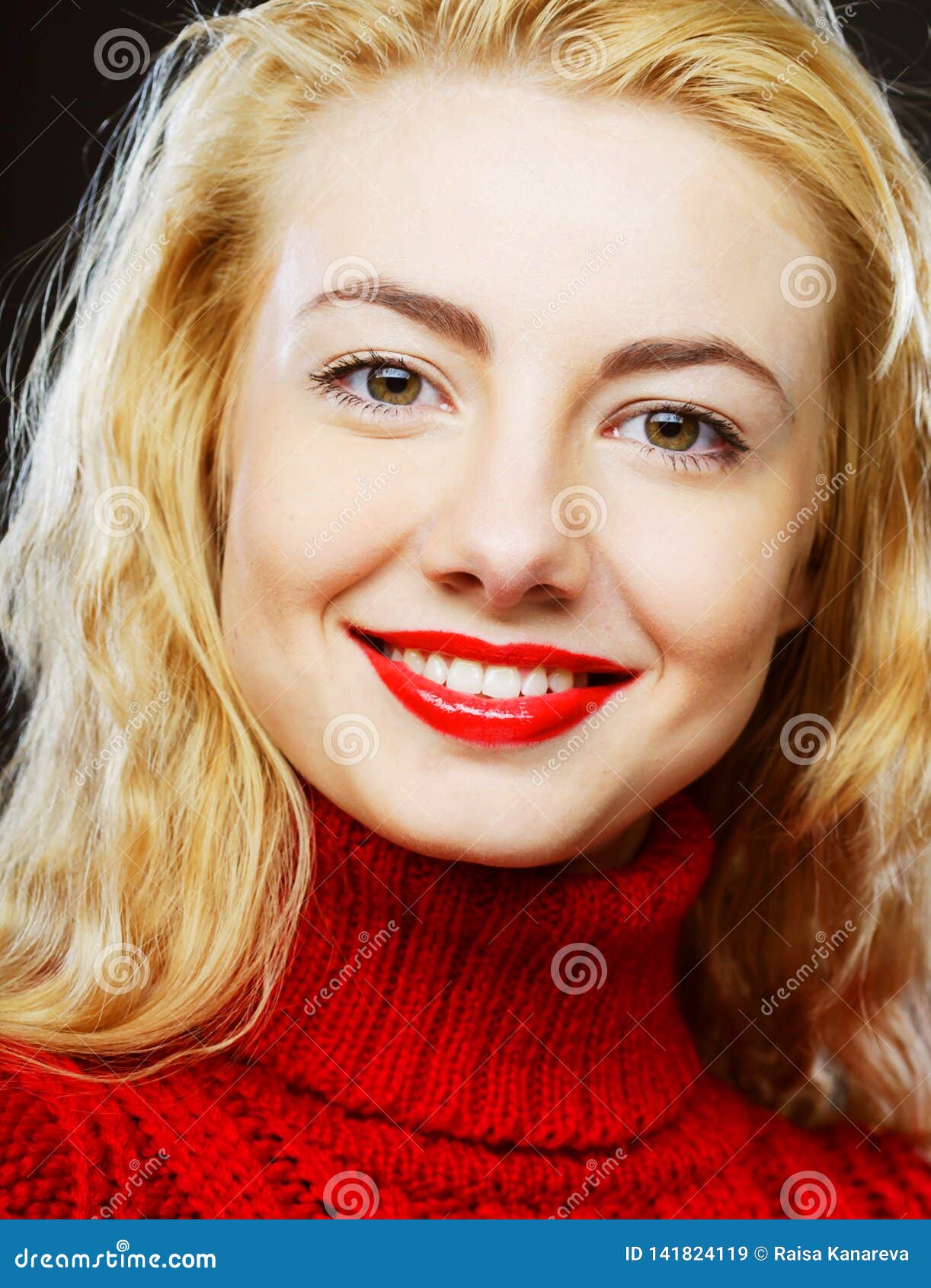 Smiling Blonde in Red Sweater Stock Image - Image of cosmetics, female ...