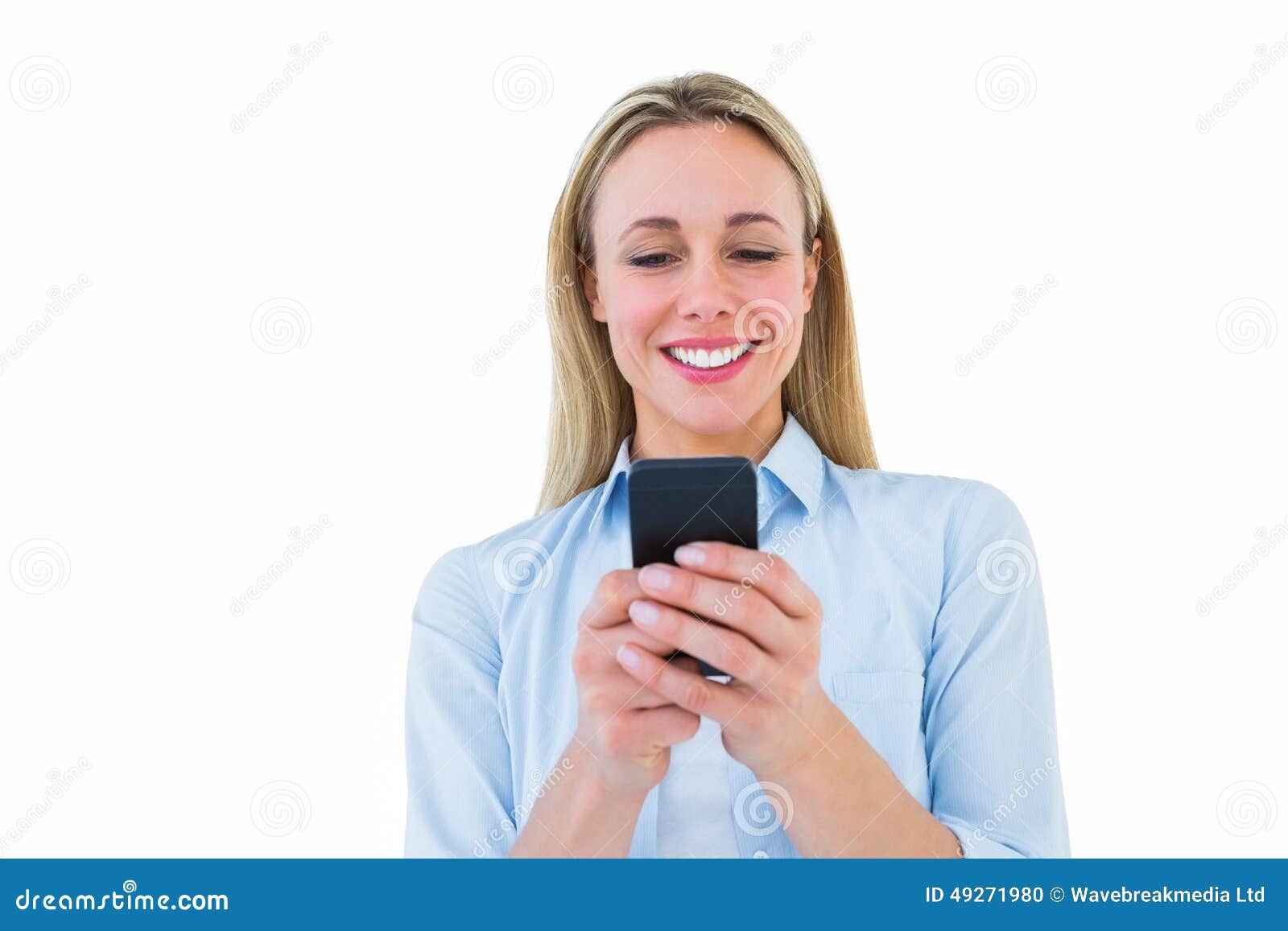 Smiling Blonde Sending a Text Message Stock Photo - Image of background ...