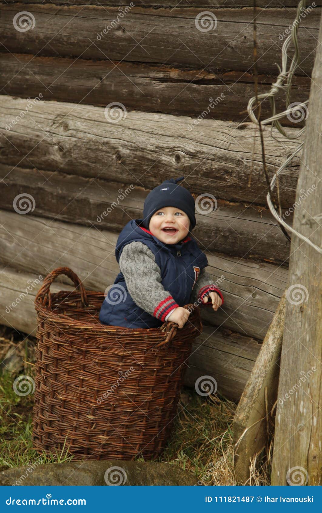 The Child in the Basket Fun Playing and Laughing Stock Image - Image of ...