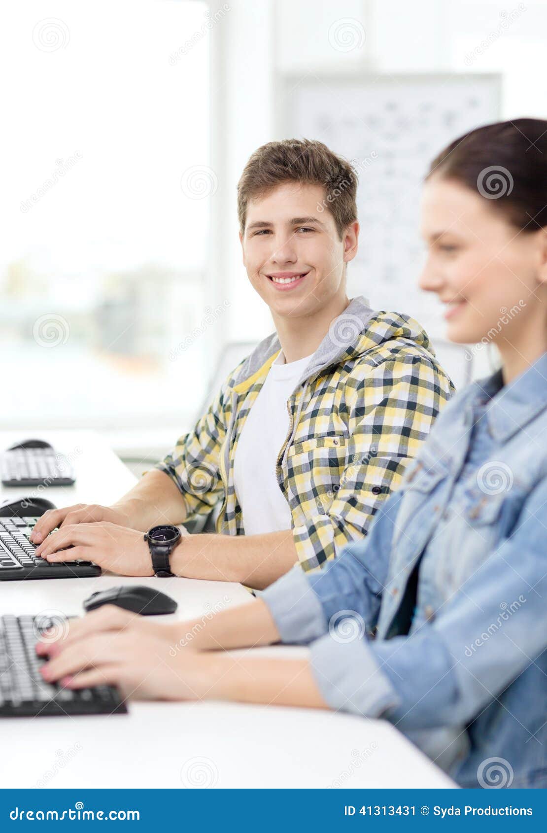 Smiling Boy with Girl in Computer Class at School Stock Image - Image ...