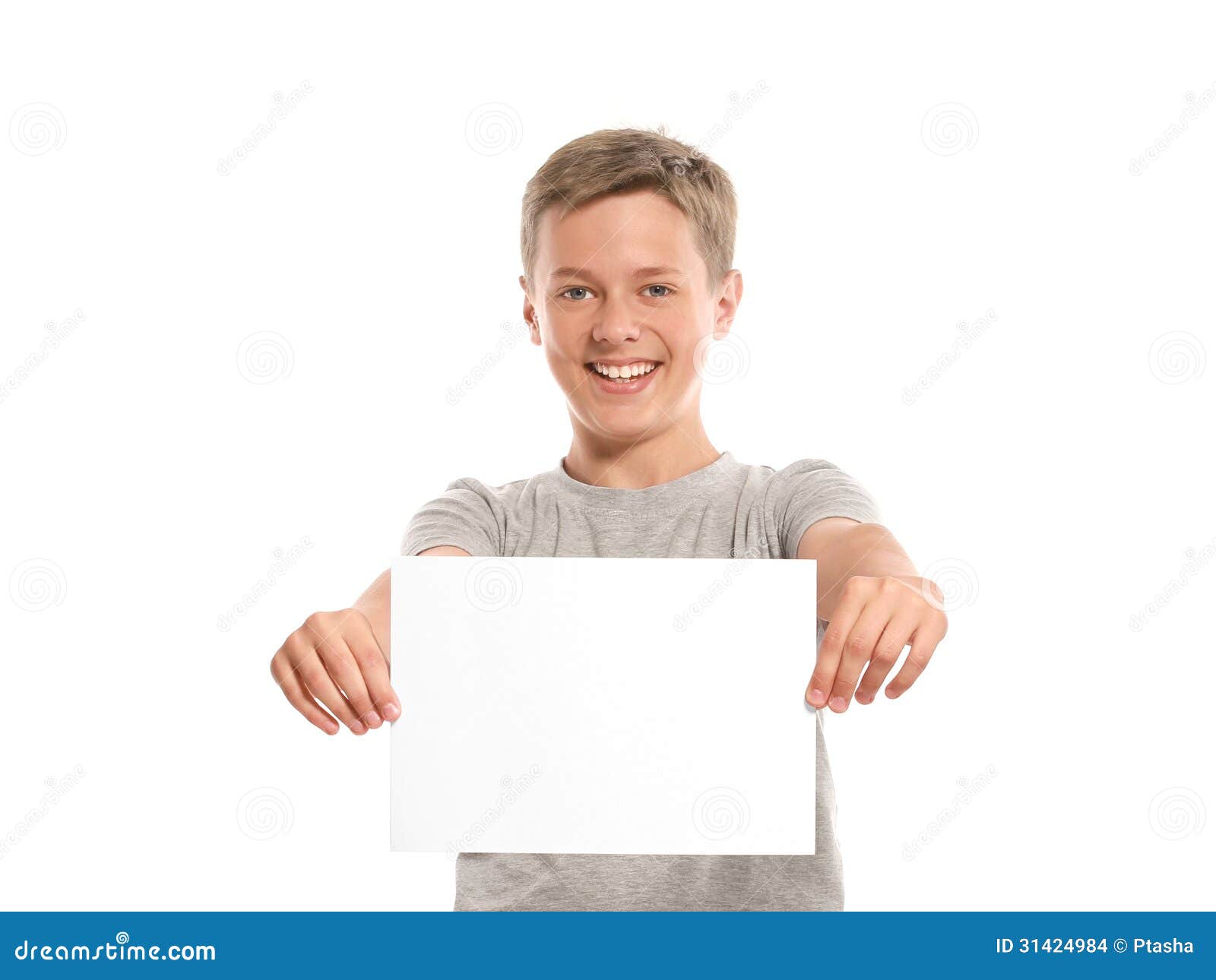 Smiling Boy Hold White Blank Paper Stock Photo - Image of cheerful ...