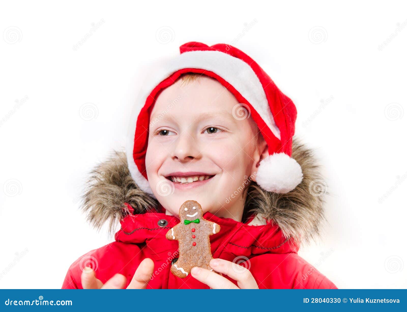 Smiling Boy Holding Gingerbread Man. Stock Photo - Image of background ...