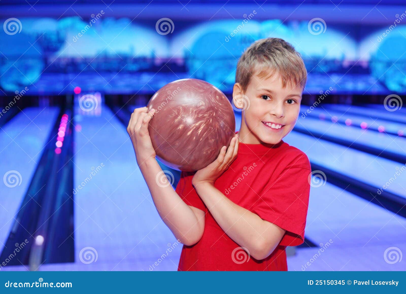 Smiling Boy Holds Ball in Bowling Club Stock Image - Image of people ...