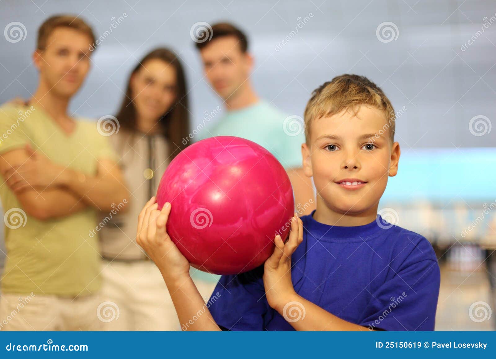 Smiling Boy Holds Ball in Bowling Club Stock Image - Image of game ...