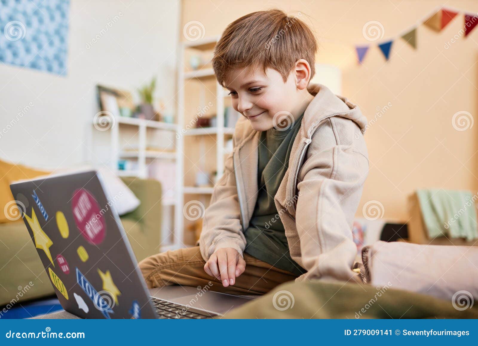 Smiling Boy Looking at Computer Screen Stock Image - Image of ...
