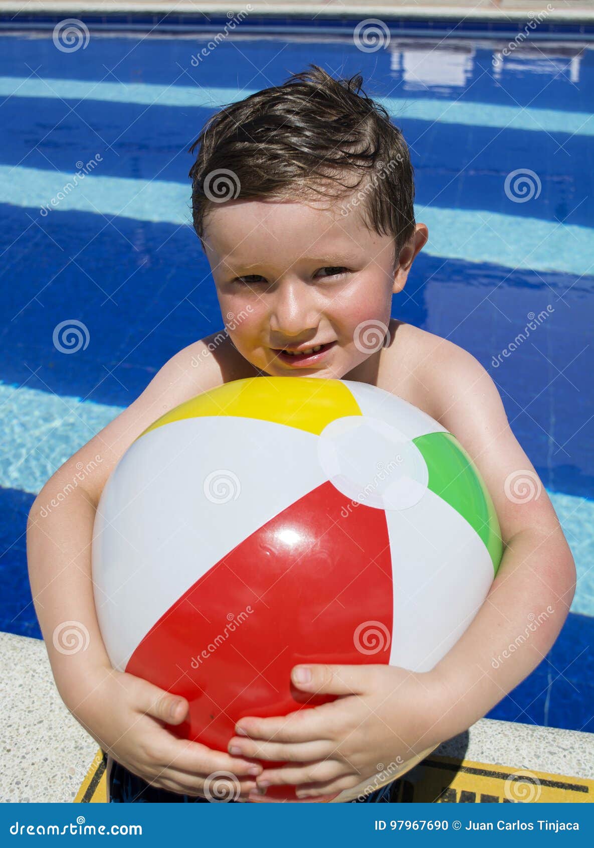 Smiling Boy Playing with Ball at Swimming Pool. Stock Photo - Image of ...