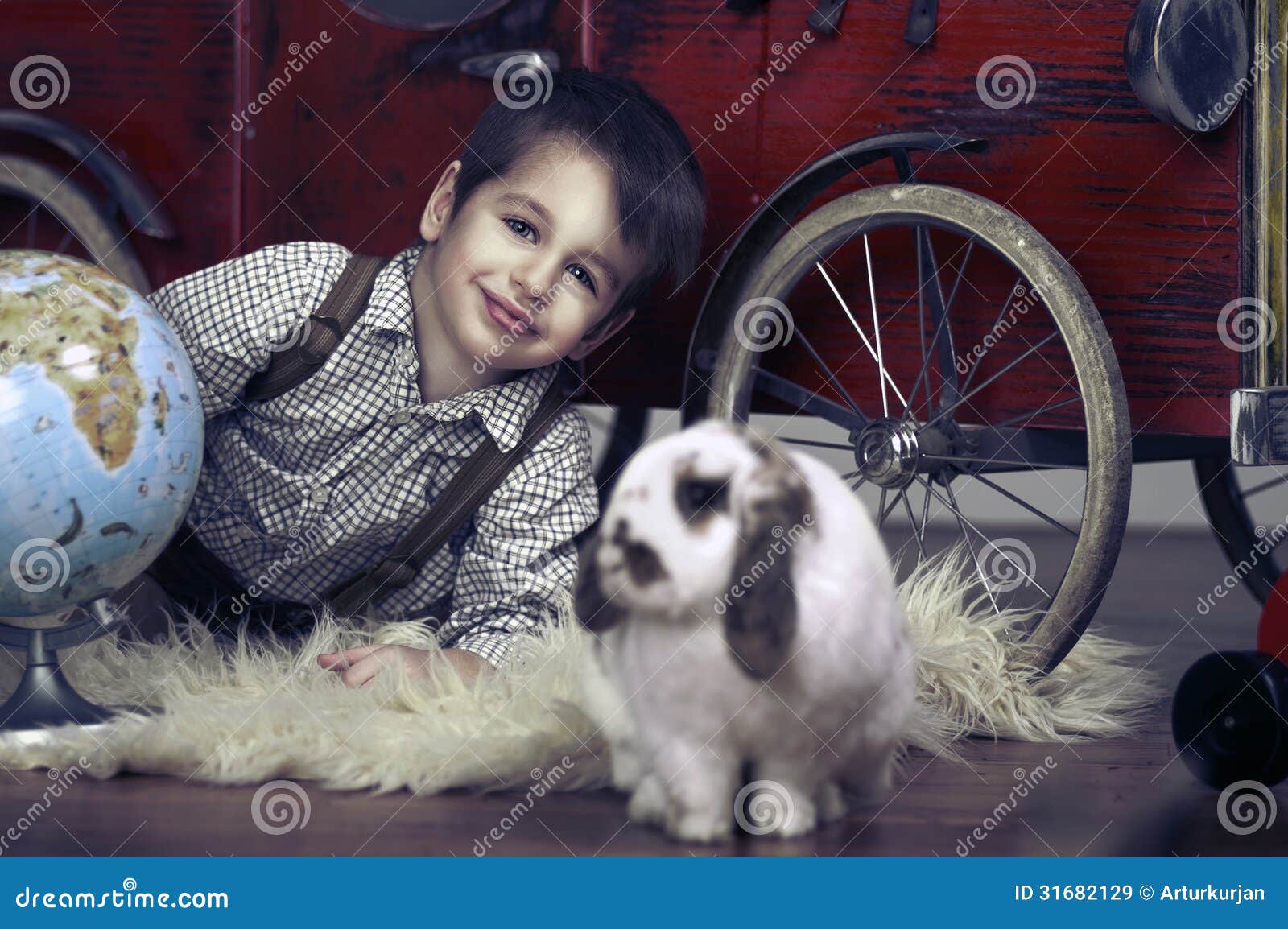 Smiling boy with rabbit stock image. Image of cheerful - 31682129