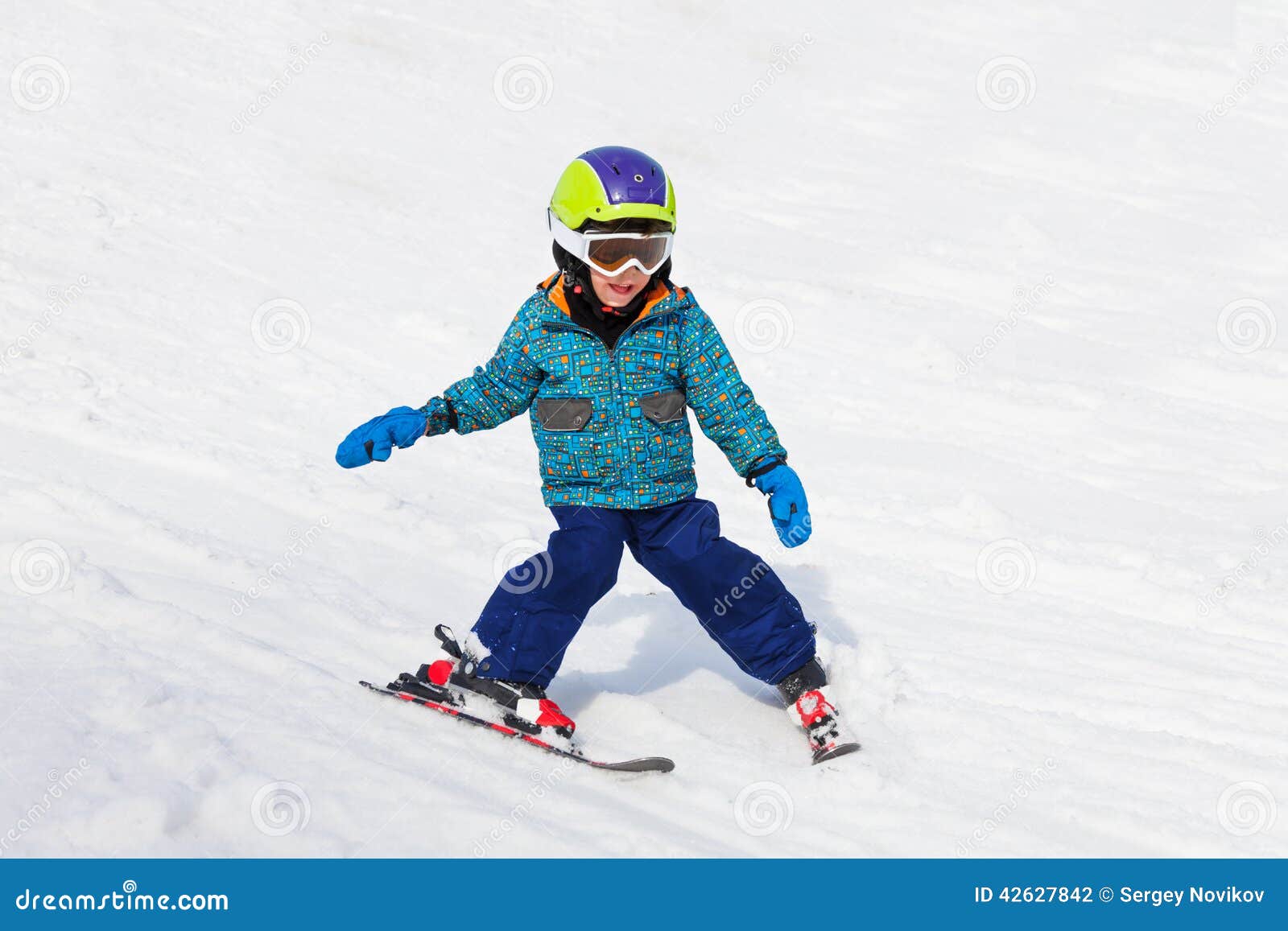 Smiling Boy in Ski Mask Learns Skiing Stock Photo - Image of practice ...