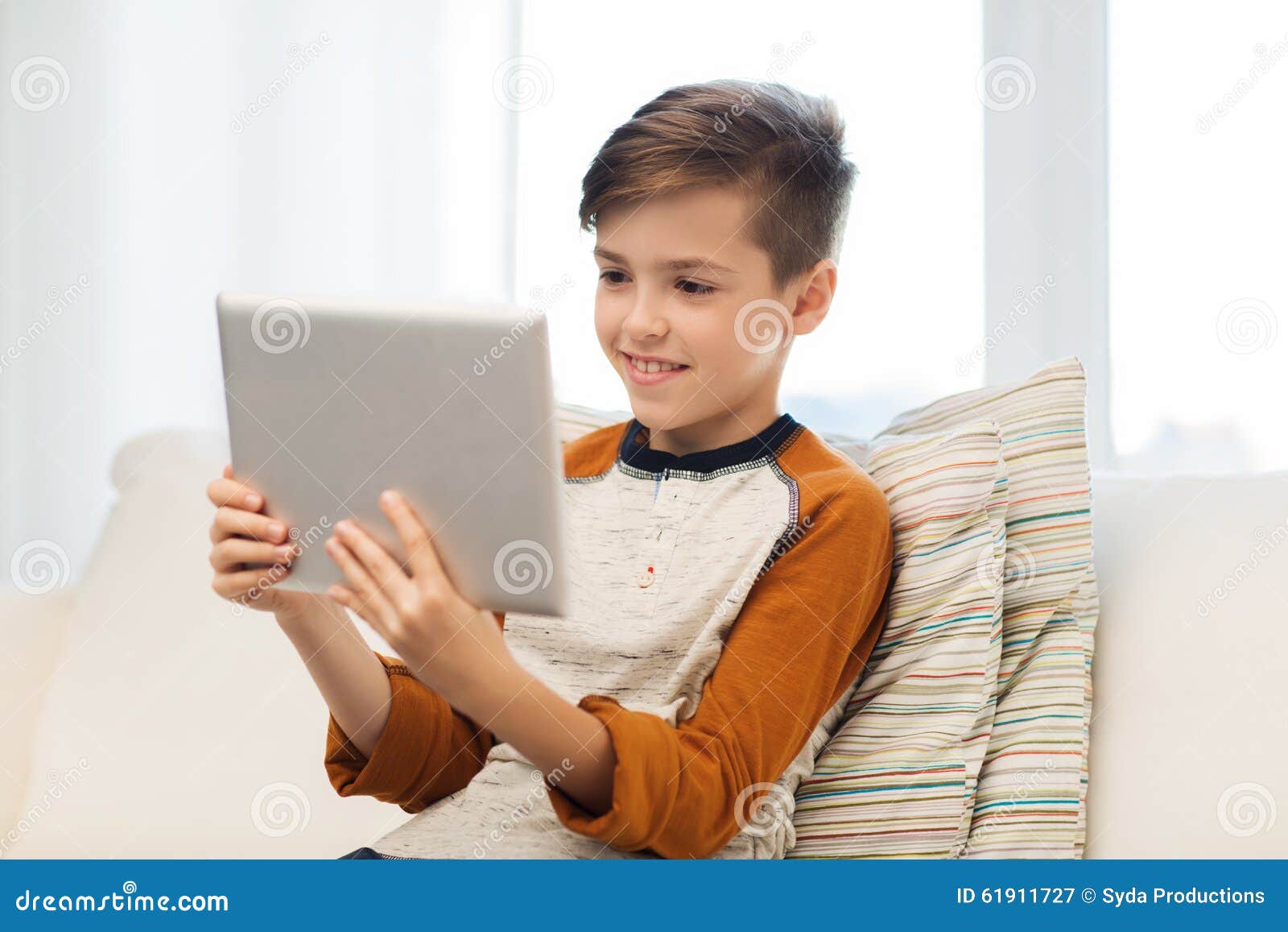 Smiling Boy with Tablet Computer at Home Stock Image - Image of ...