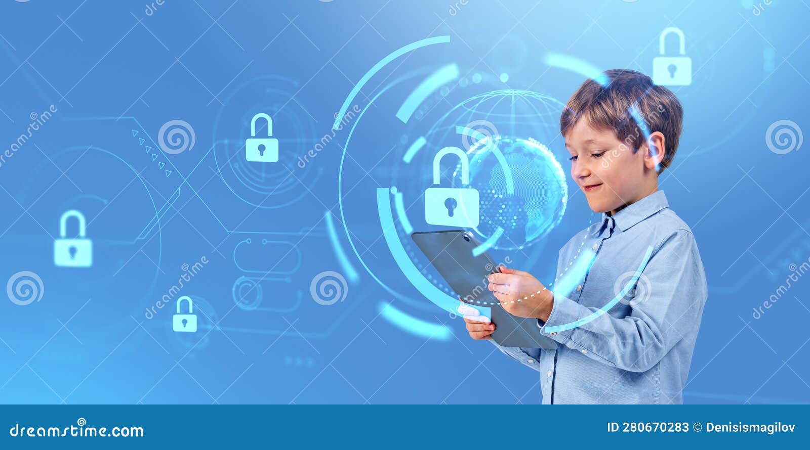 Smiling Boy with Tablet, Cybersecurity Interface Stock Image - Image of ...