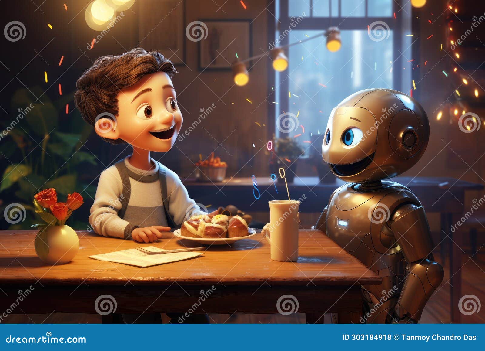 Smiling Boy Talking with the AI Robot and they Eating on Table Ai ...